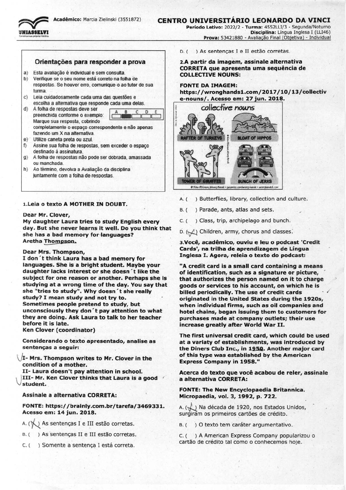 Prova Língua Inglesa I - Leitura em Língua Inglesa I