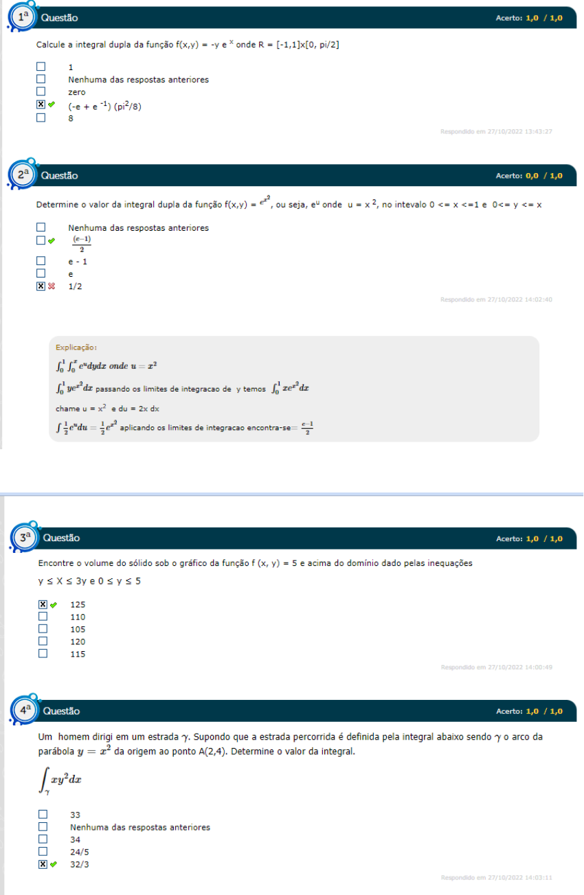 Simulado CÁLCULO DE INTEGRAIS MÚLTIPLAS - Cálculo IV