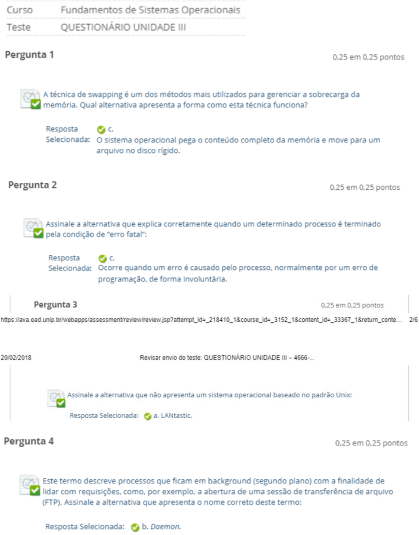 Questionário Unidade III Fundamentos de Sistemas Operacionais ...