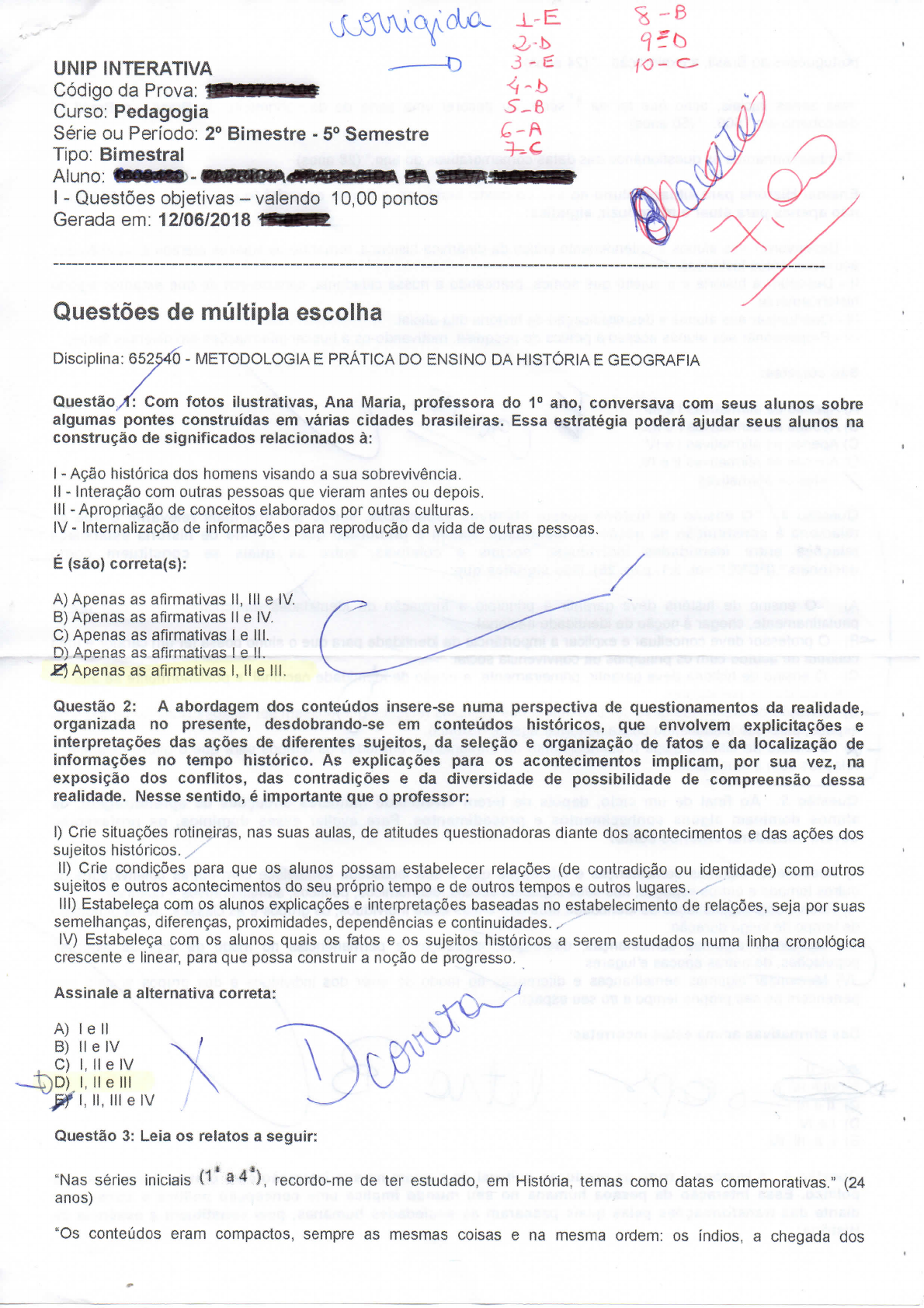 prova corrigida - metodologia e pratica do ensino da Historia