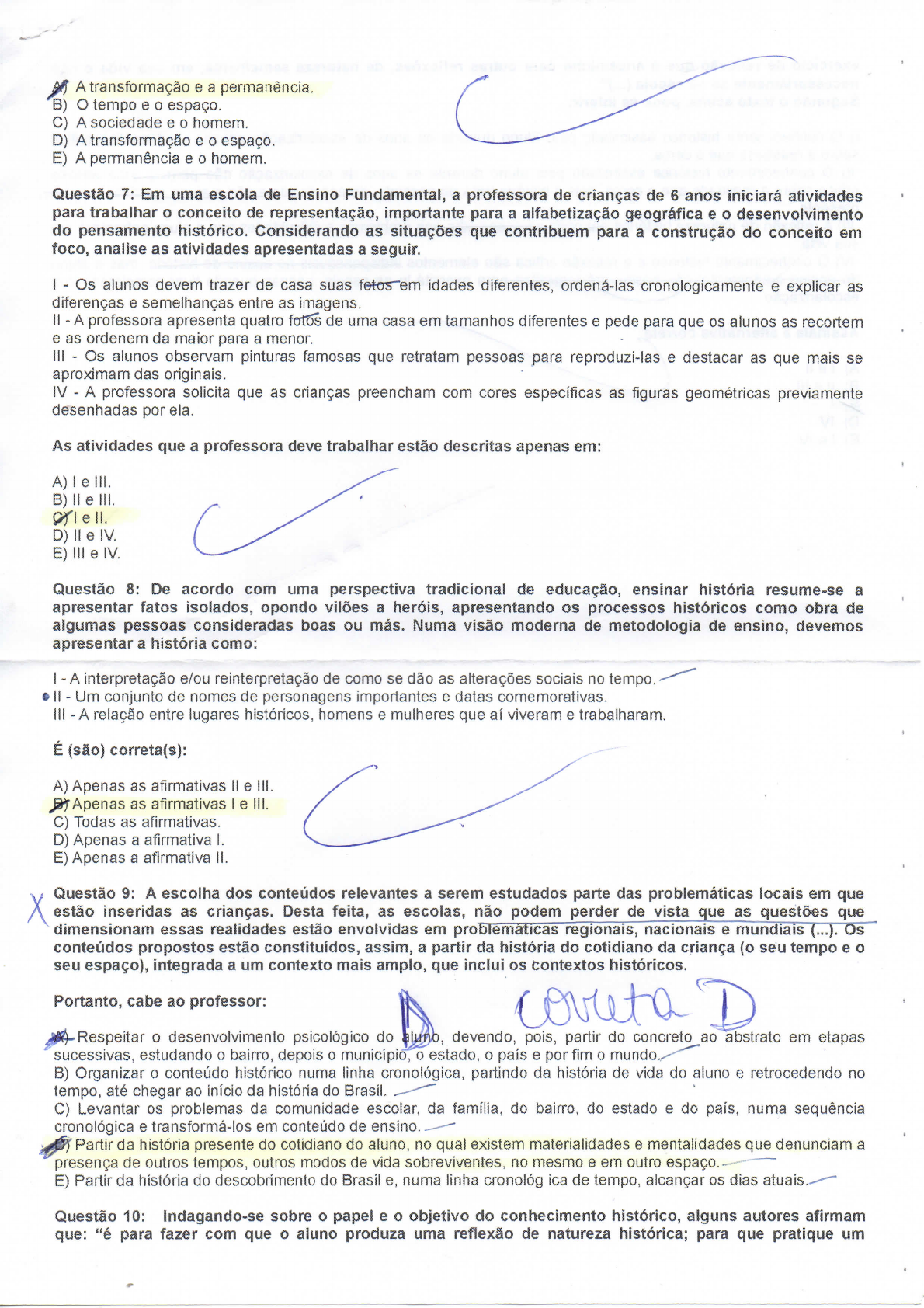 prova corrigida - metodologia e pratica do ensino da Historia