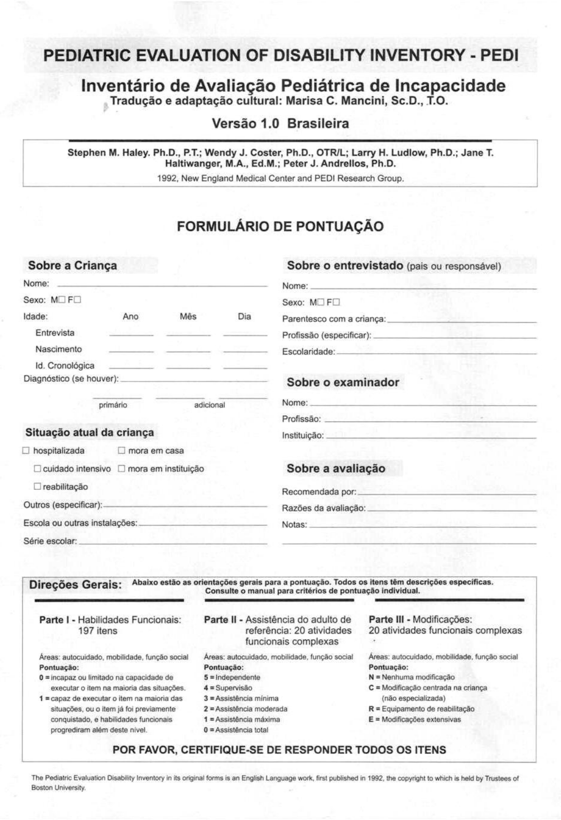 Escala PEDI - Fisioterapia na Saúde da Criança