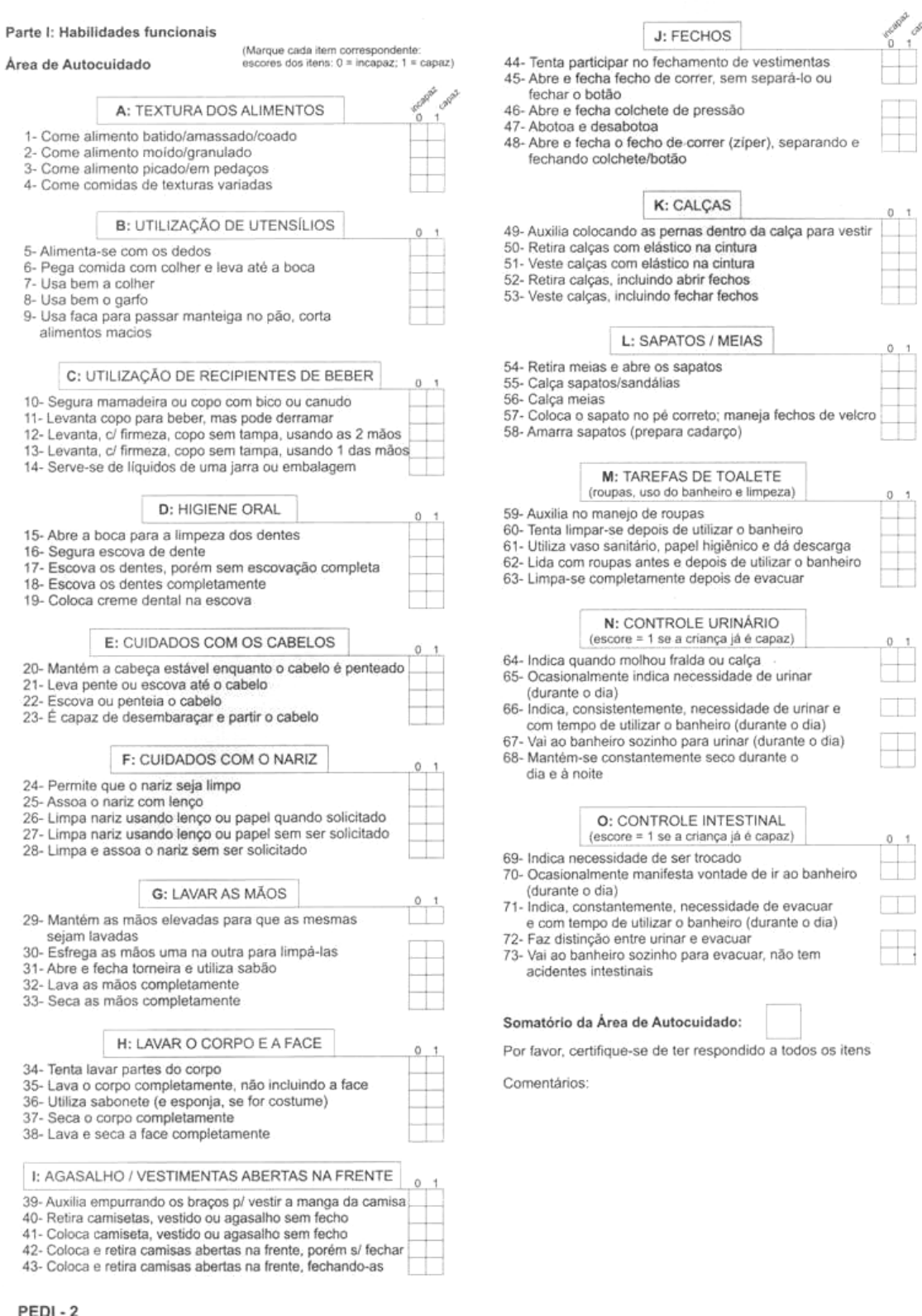 Escala PEDI - Fisioterapia na Saúde da Criança
