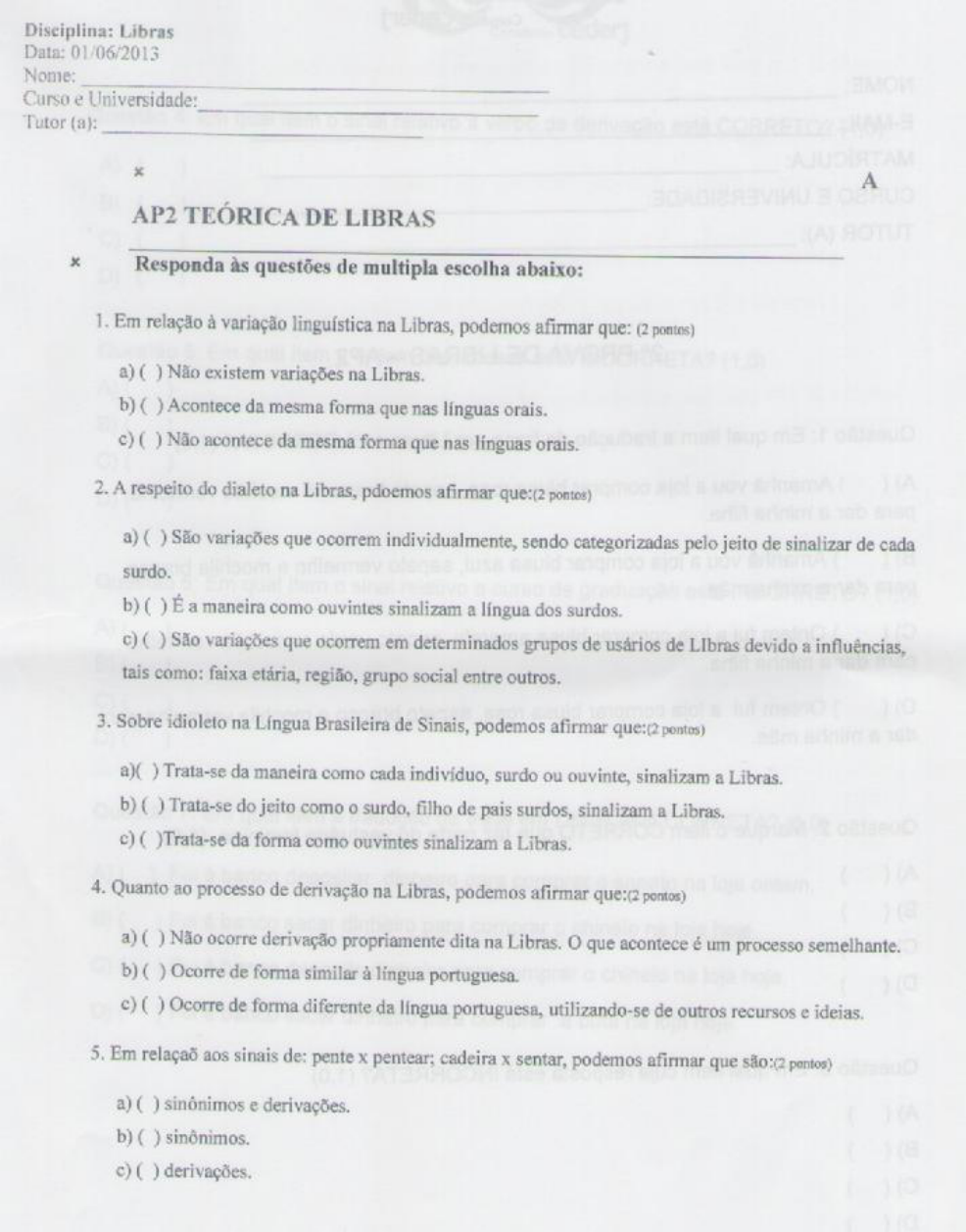 AP2 Libras 2013.1 sem gabarito - Libras