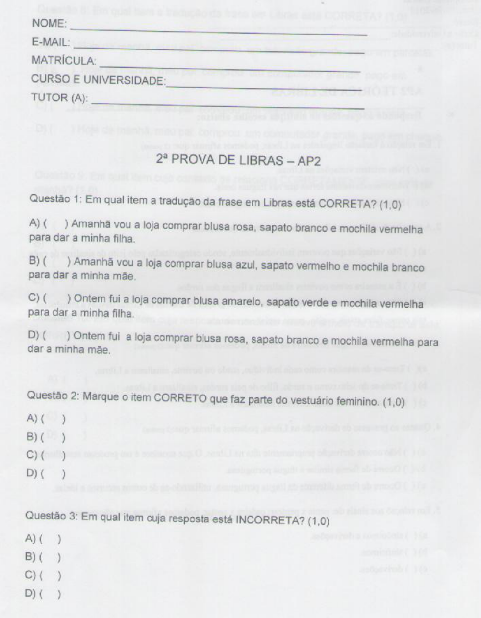 AP2 Libras 2013.1 sem gabarito - Libras