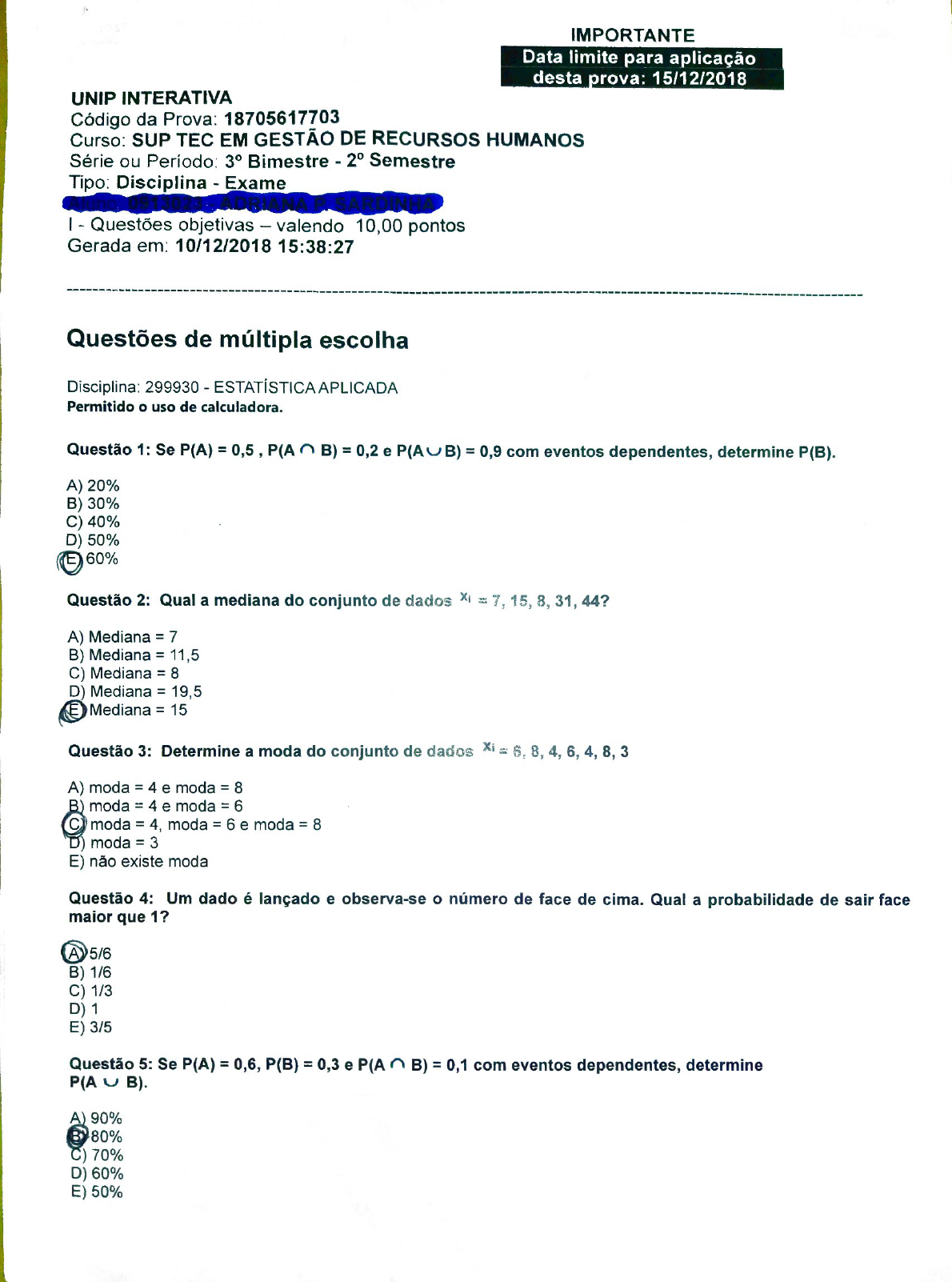 gestão em RH PROVA de estatística aplicada - Estatística Aplicada