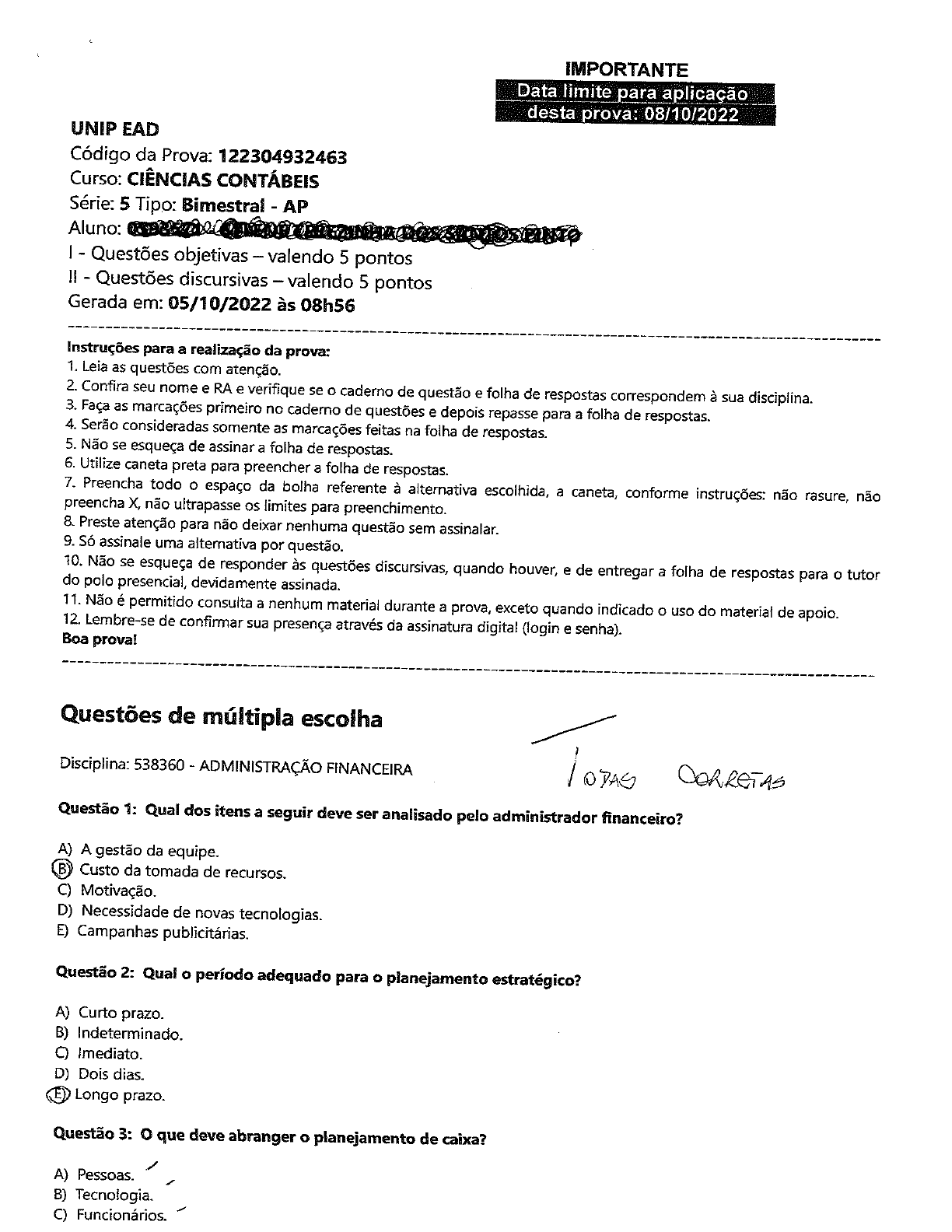 Prova Administração Financeira Unip Corrigida - Administração Financeira Prova Administração Financeira Unip Corrigida - Administração Financeira