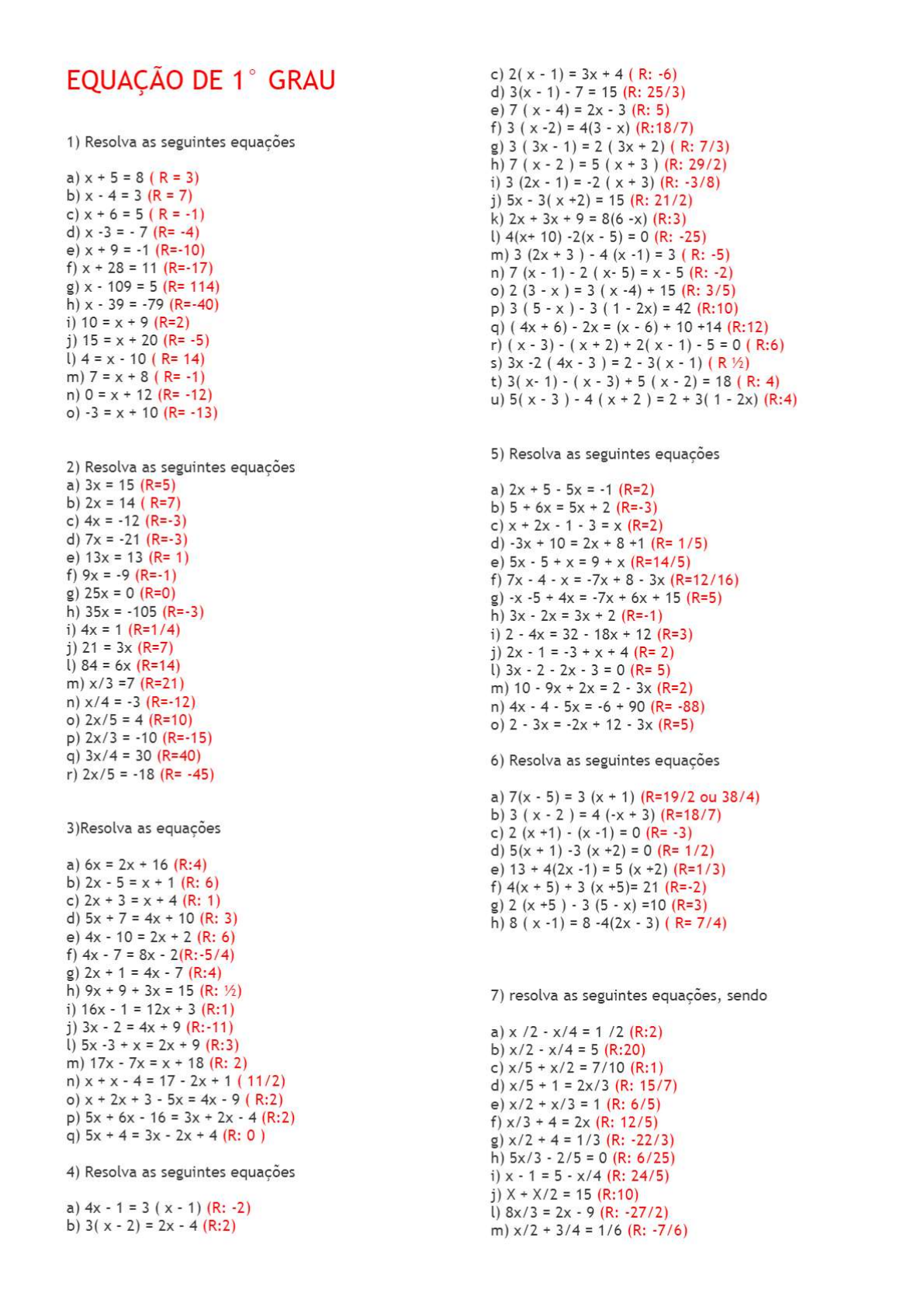 Lista Equação Do 1 Grau - FDPLEARN