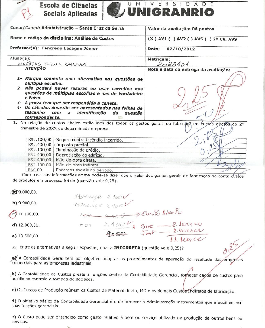 Prova Analise De Custos Anhanguera - LIBRAIN Prova Analise De Custos Anhanguera - LIBRAIN