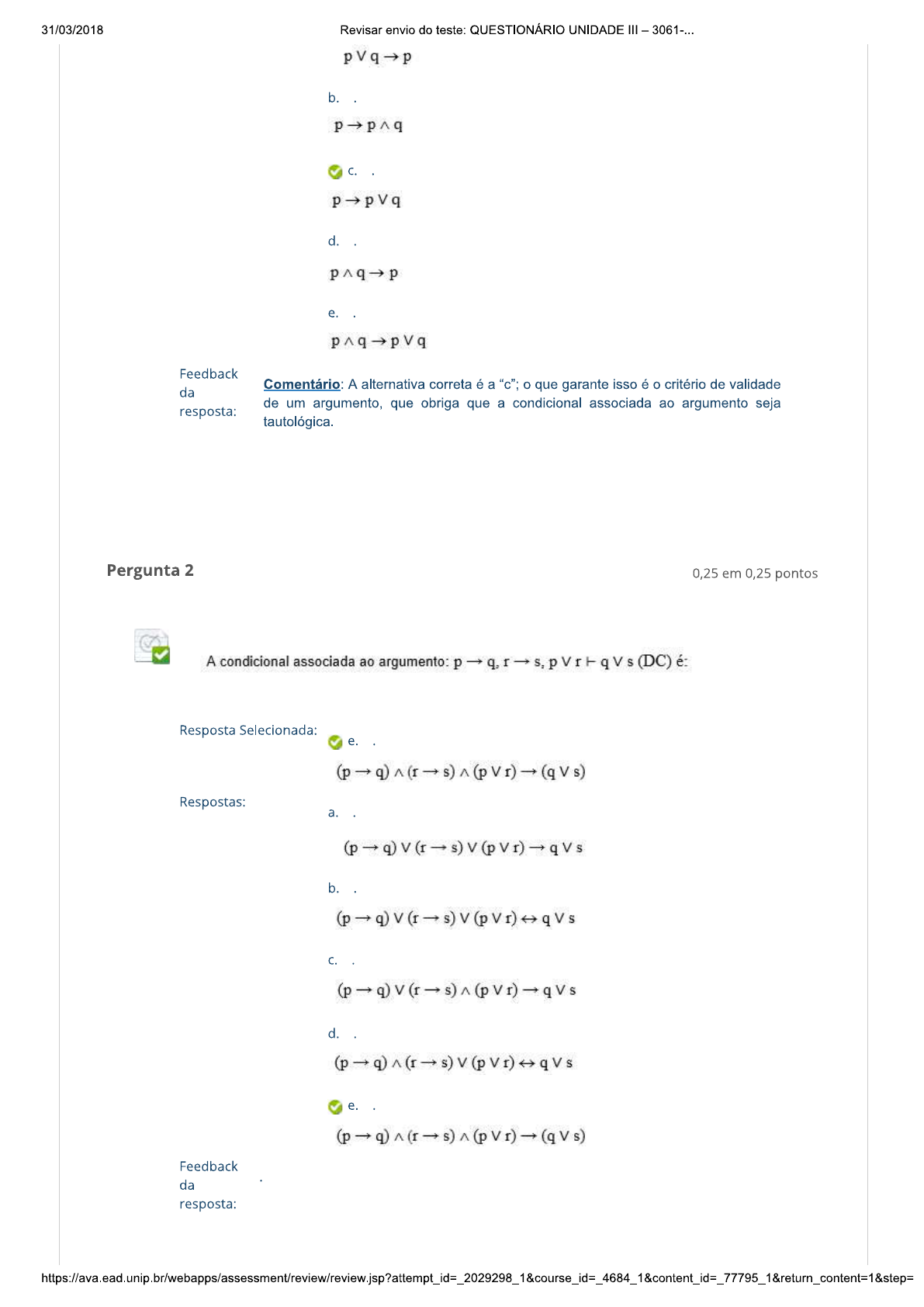 Questionario unidade 3 logica Unip - Lógica I Questionario unidade 3 logica Unip - Lógica I