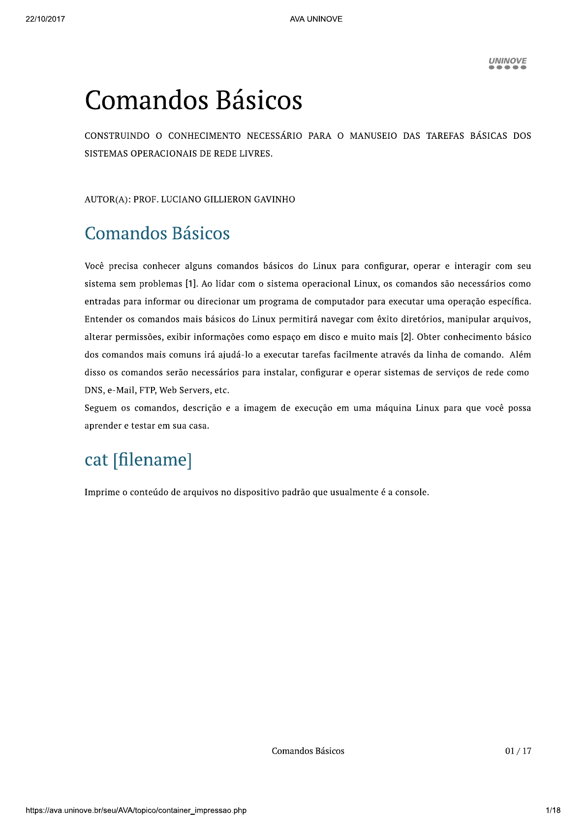 COMANDOS BÁSICOS - LINUX - UNINOVE - Informatica Redes