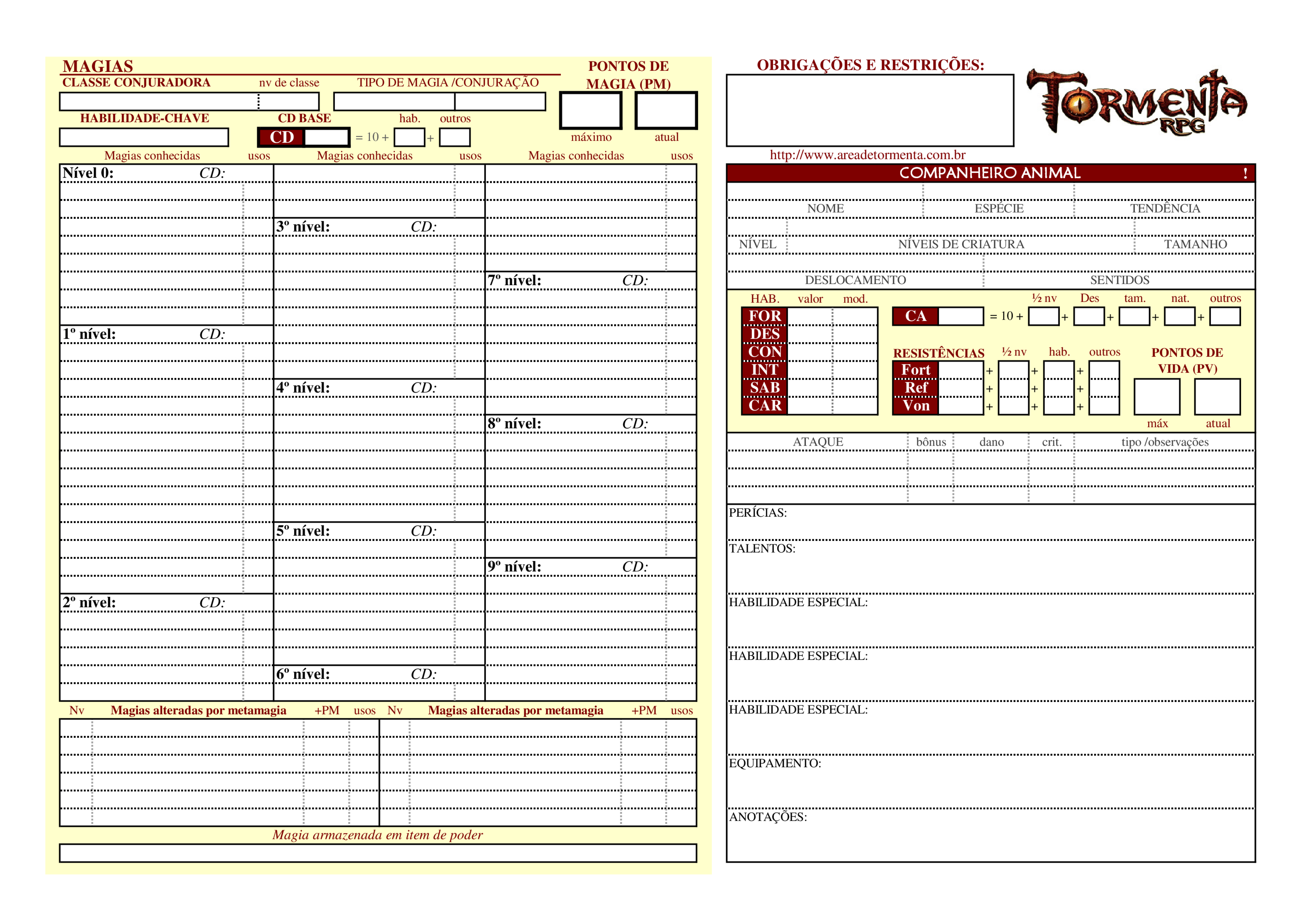 Tormenta RPG - Ficha de Personagem (v Área de Tormenta) - Rpg
