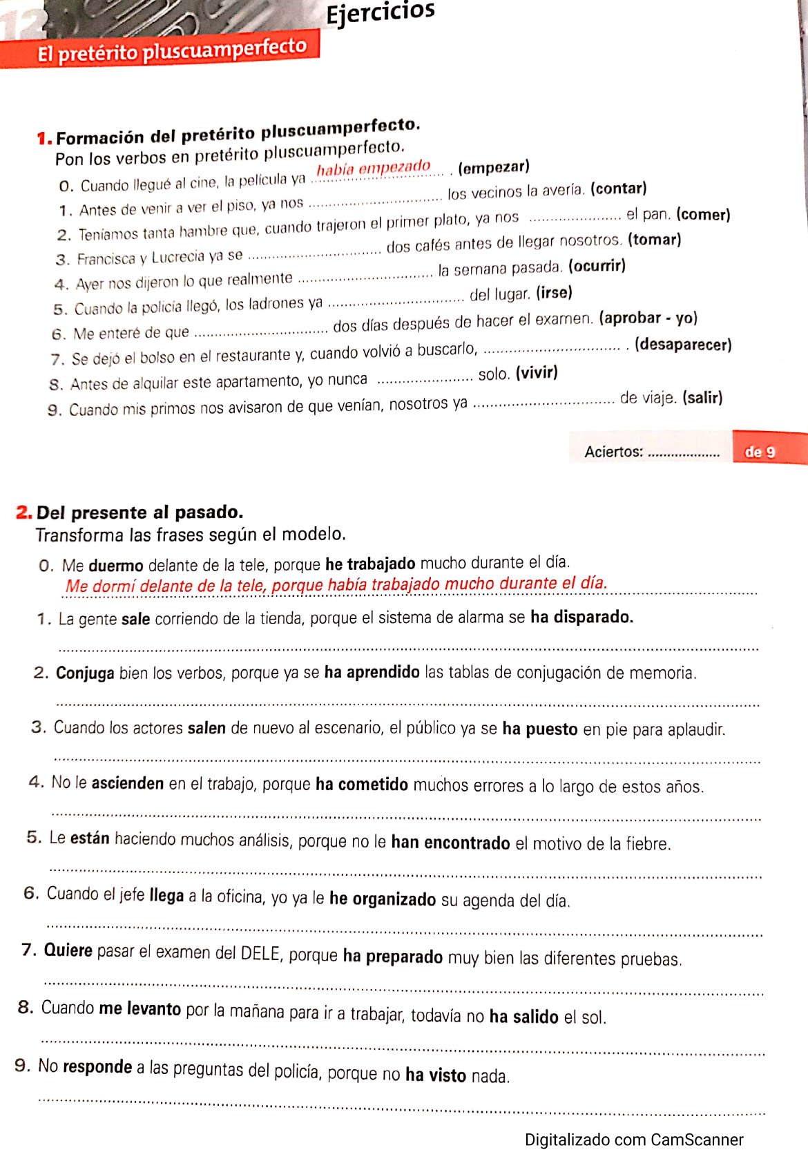 Clase 6 - Ejercicios Pretérito pluscuamperfecto - Espanhol