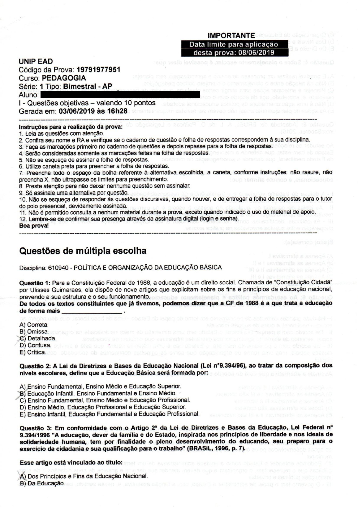 Prova Politica E Organização Da Educação Basica Unip - RETOEDU