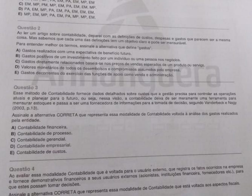Prova Analise De Custos Anhanguera - LIBRAIN Prova Analise De Custos Anhanguera - LIBRAIN