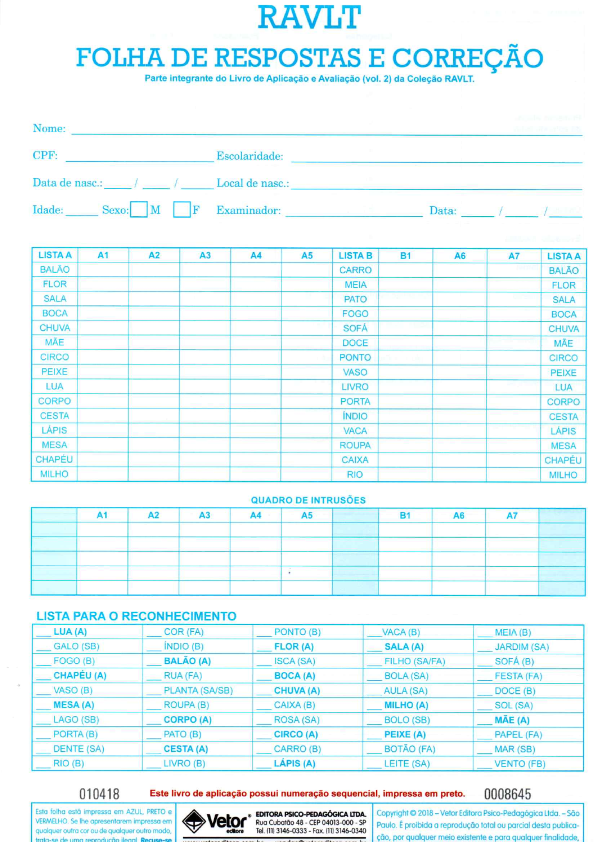 RAVLT - Avaliação Neuropsicológica
