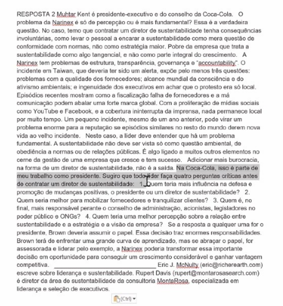 RESPOSTA CASO NARINEX HARVARD BUSINESS REVIEW - Gestão de Pessoas I