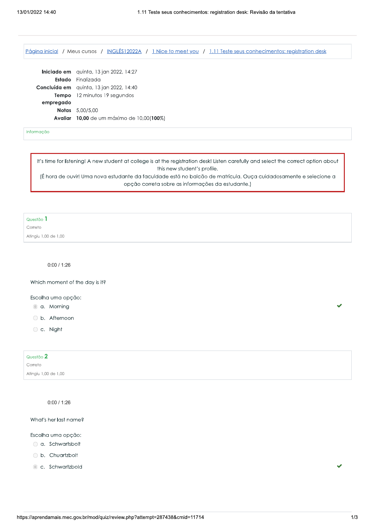 Inglês 1 - Turma 2022A at5 - Português/inglês