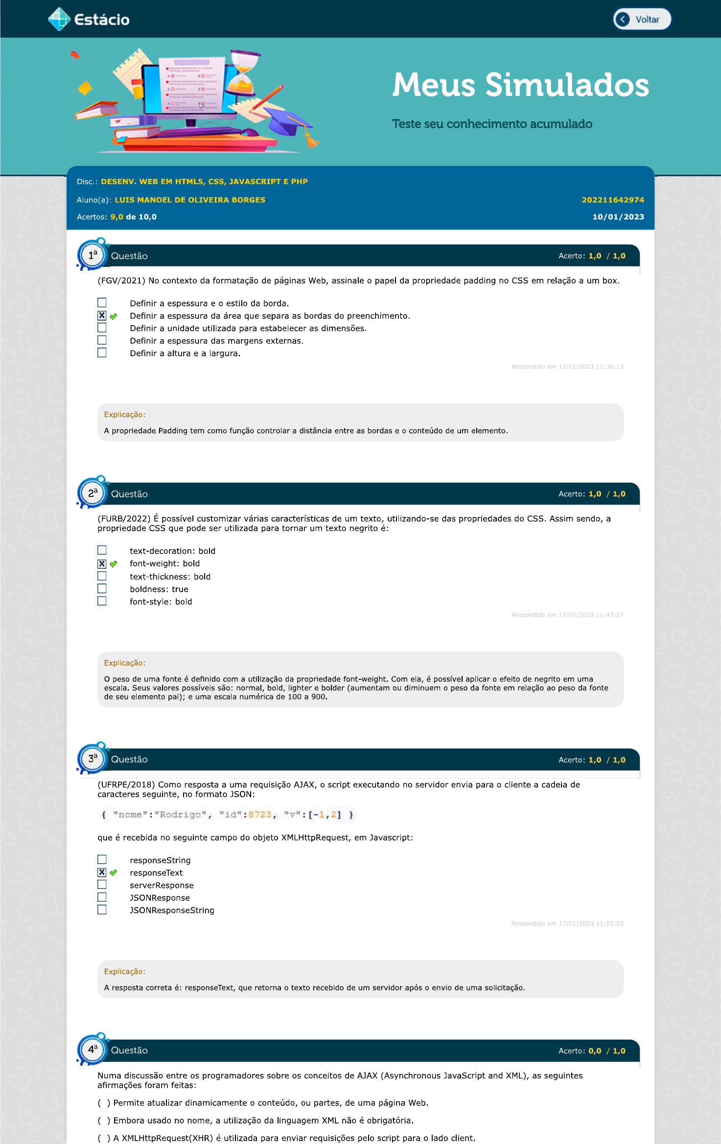 Simulado Desenvolvimento Web Em Html5 Css Javascript E Phpprimeiro 17 01 2023 Desenvolvimento