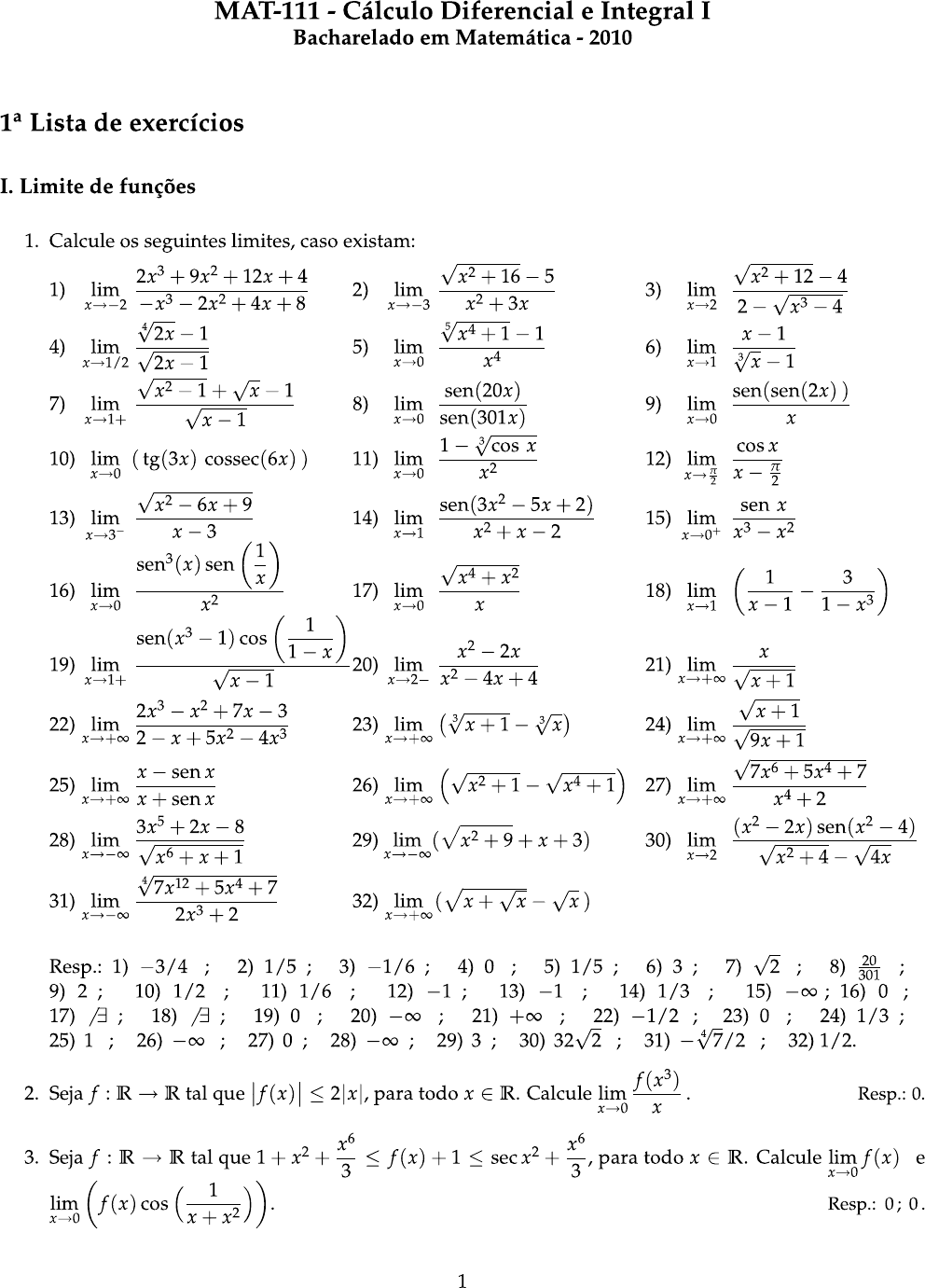 Exercicios calculo 1 - Cálculo I