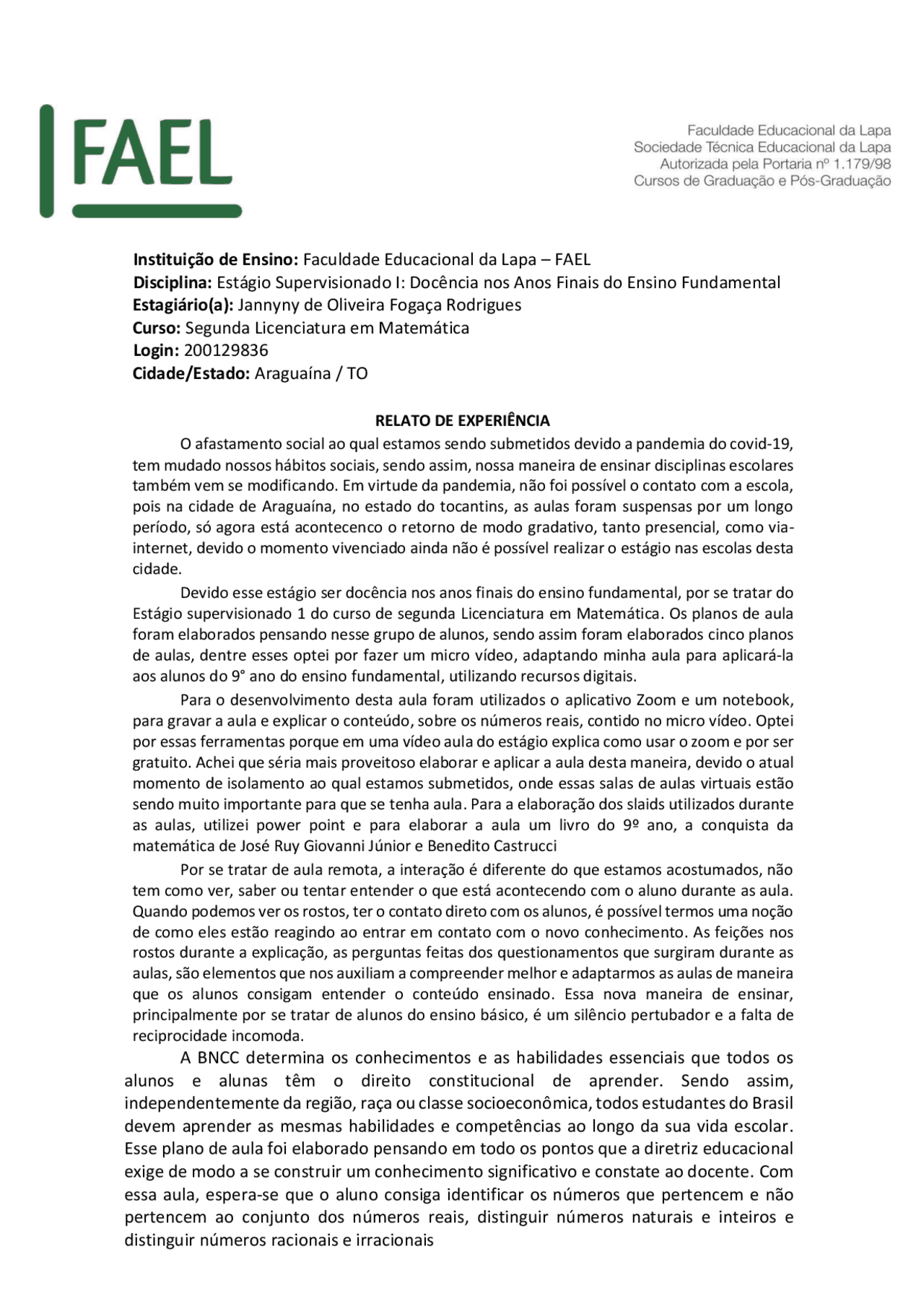 Relato De Experiência Estágio Supervisionado Pedagogia - BRAINCP Relato De Experiência Estágio Supervisionado Pedagogia - BRAINCP