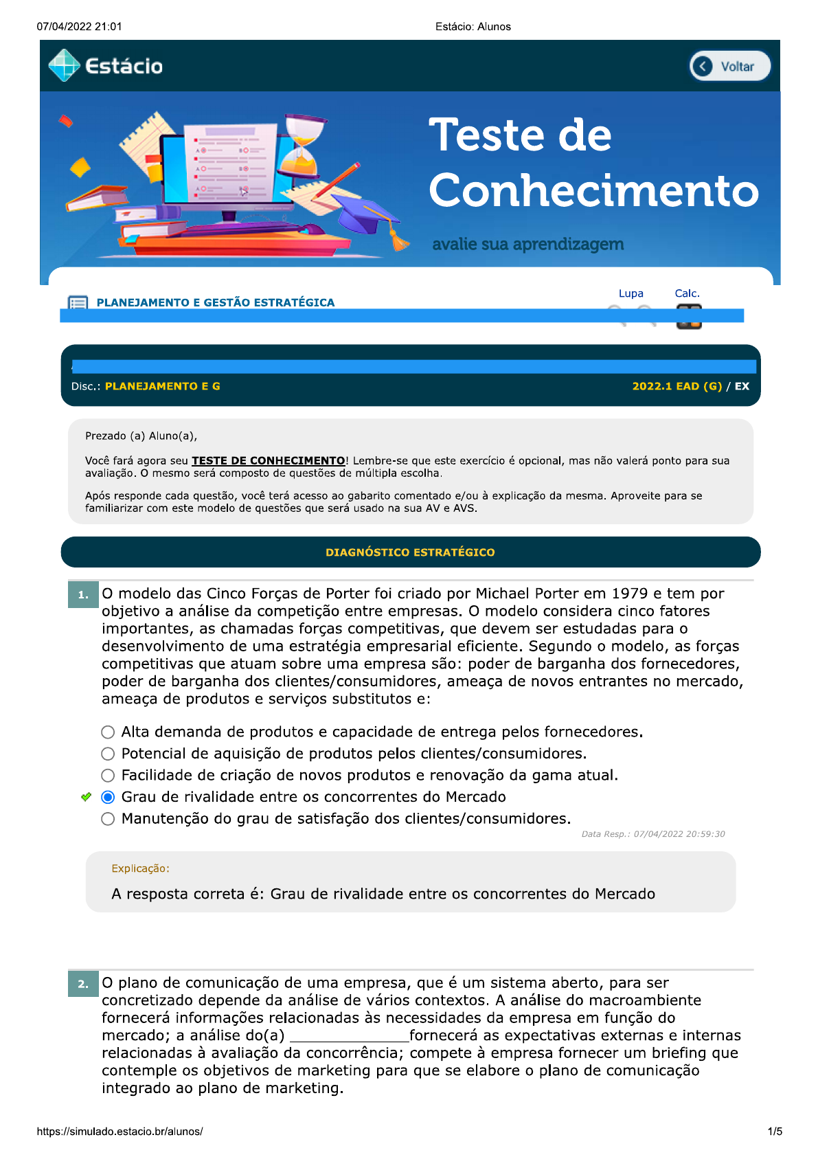 TESTE DE CONHECIMENTO PLANEJAMENTO E GESTÃO ESTRATÉGICA - Planejamento ...