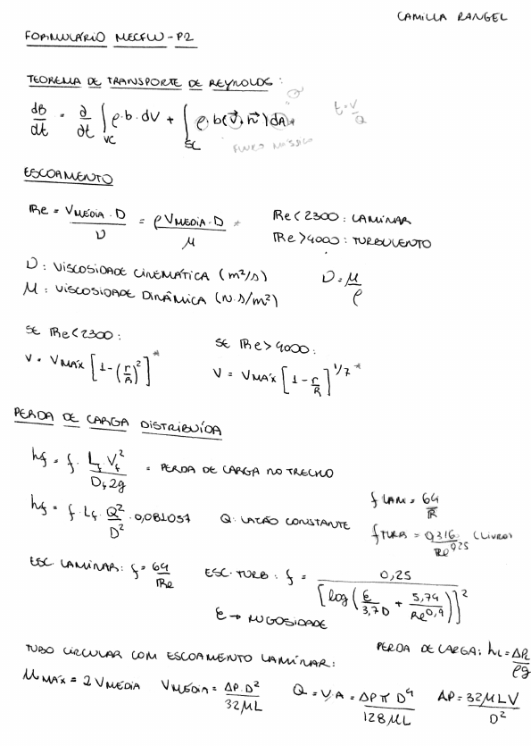 Formulário de Mecflu - Mecânica dos Fluidos
