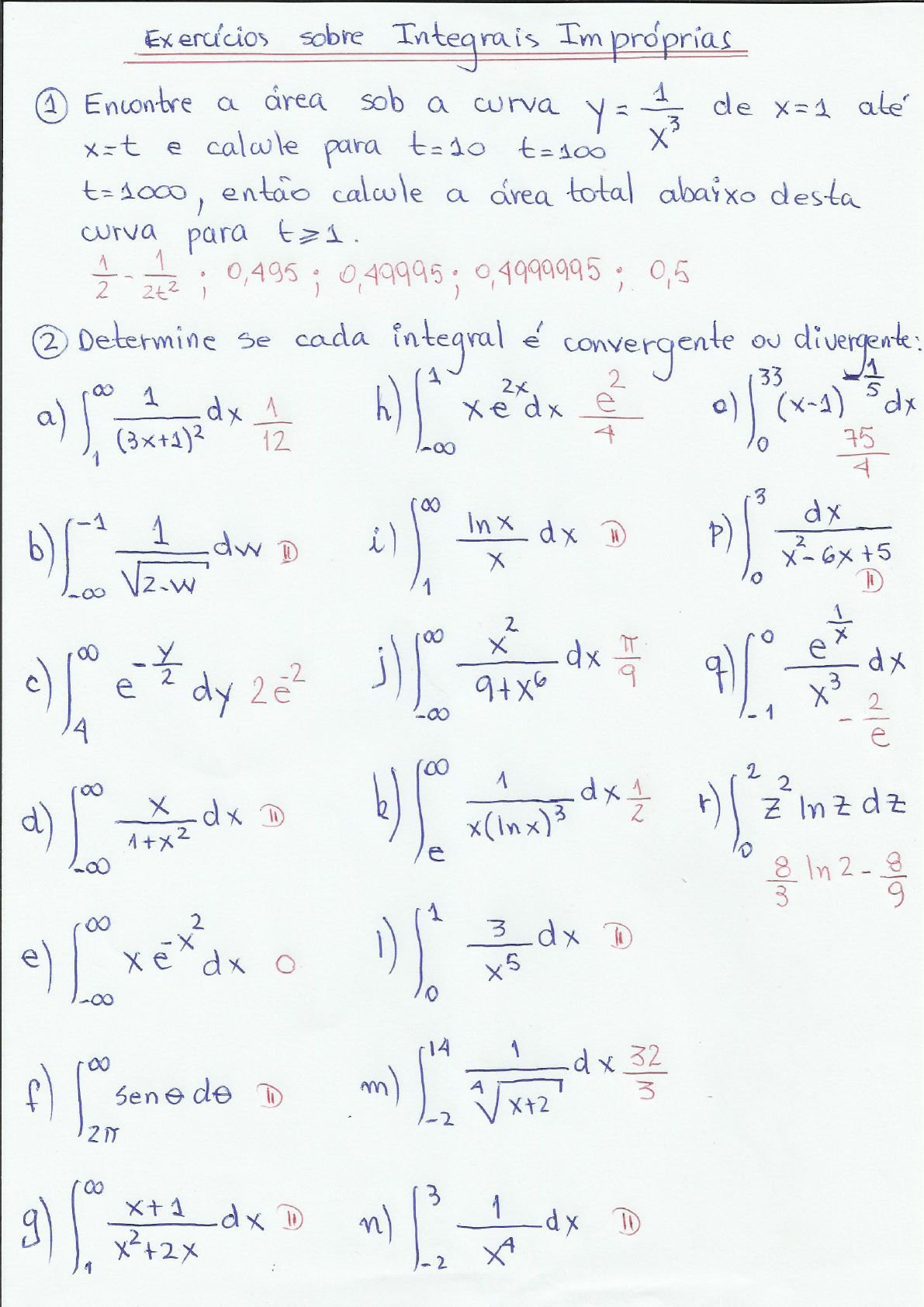 Exercício sobre Integrais Impróprias com resposta - Cálculo I