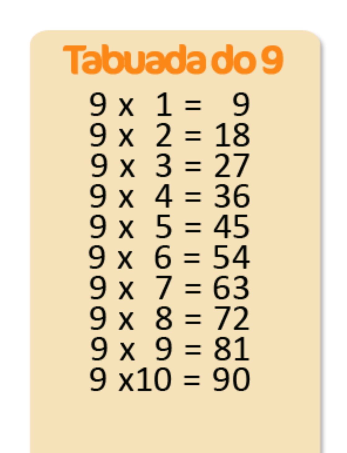 TABUADA DE MULTIPLICAÇÃO - 9 - Matemática