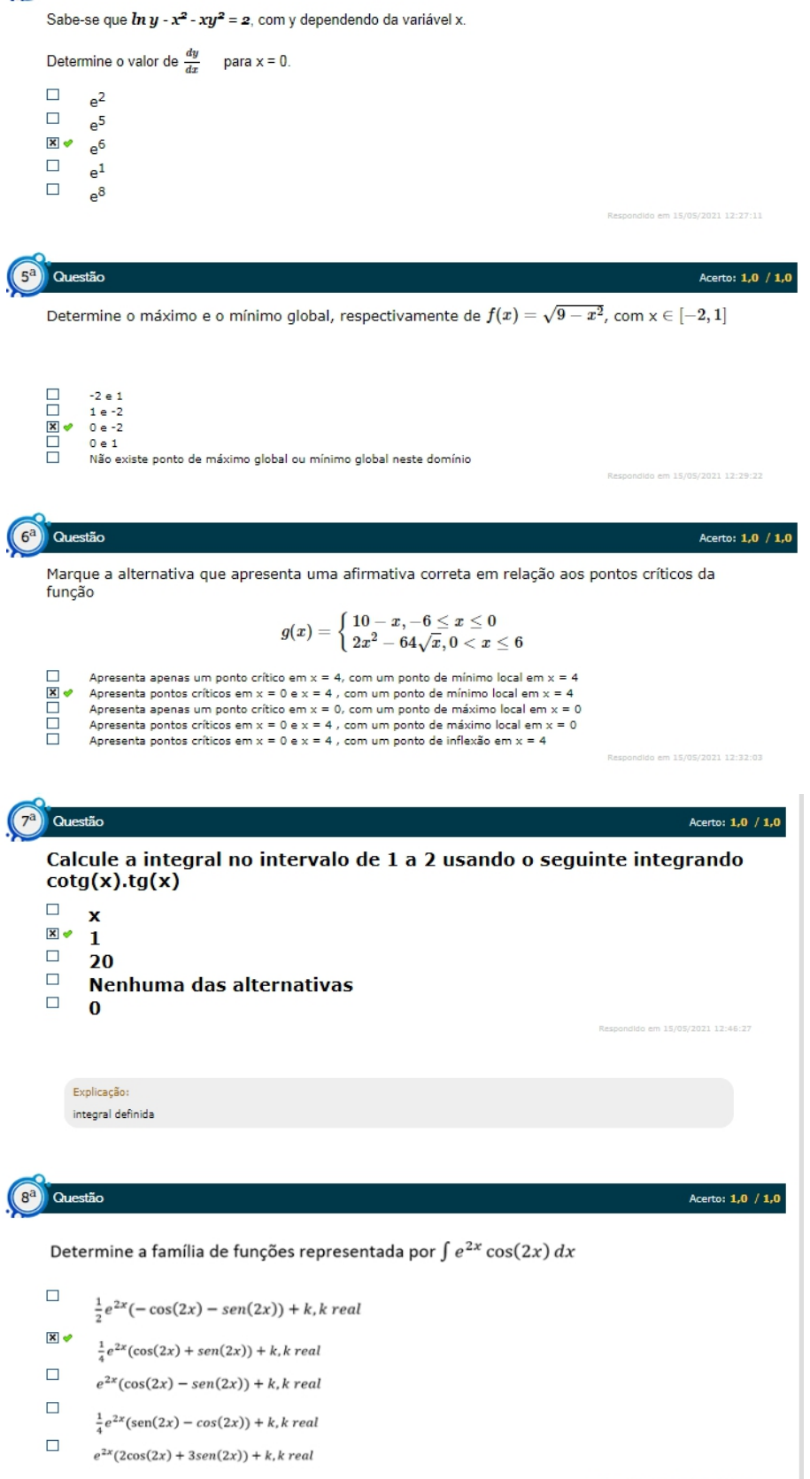 Simulado Cálculo Diferencial e Integral I- Estácio 2021 1 - Cálculo Diferencial e Integral Ii1 1