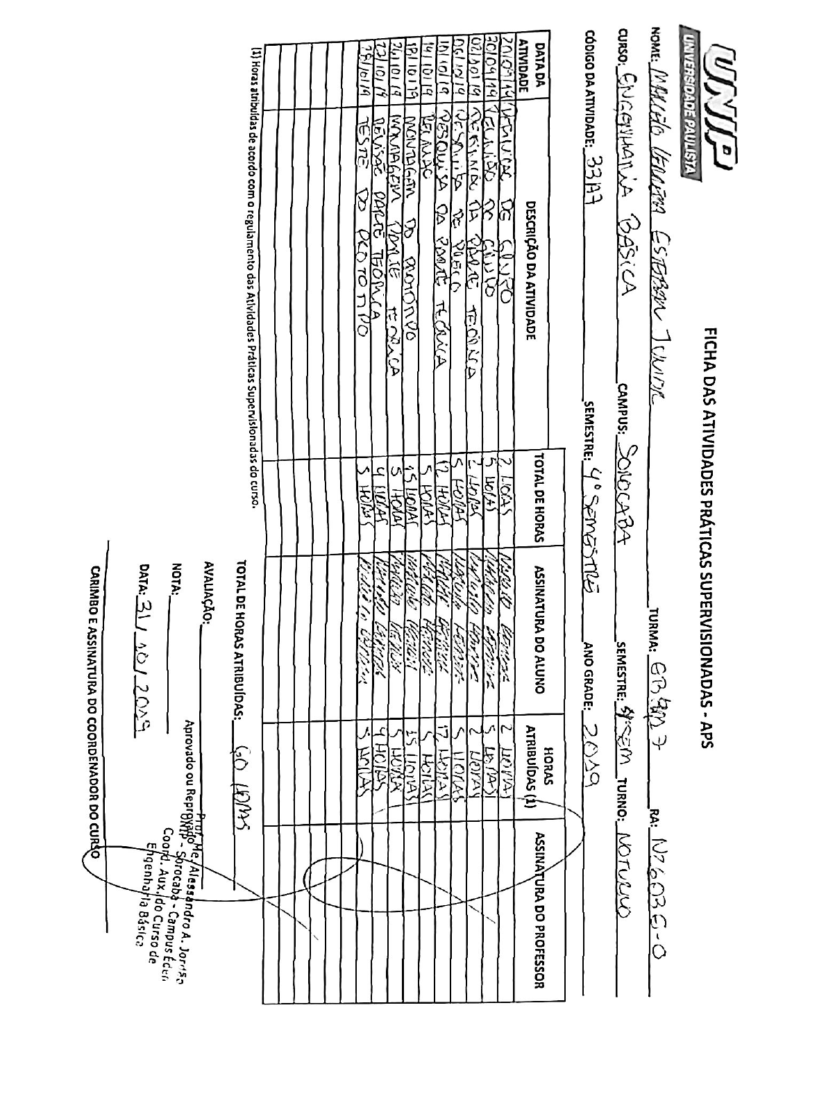 ficha - Aps Unip 4ª Semestre