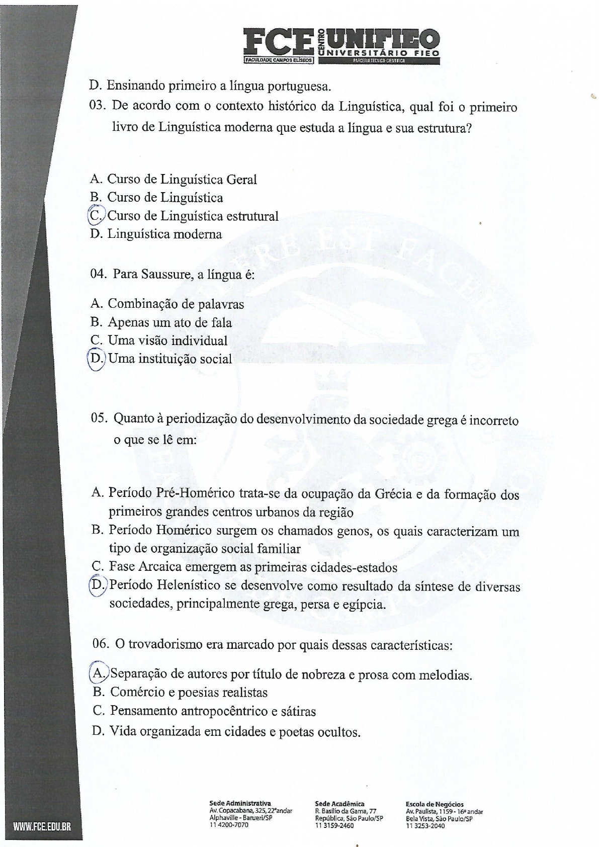 Avaliação Final - Letras - Com Gabarito - FCE - Letras