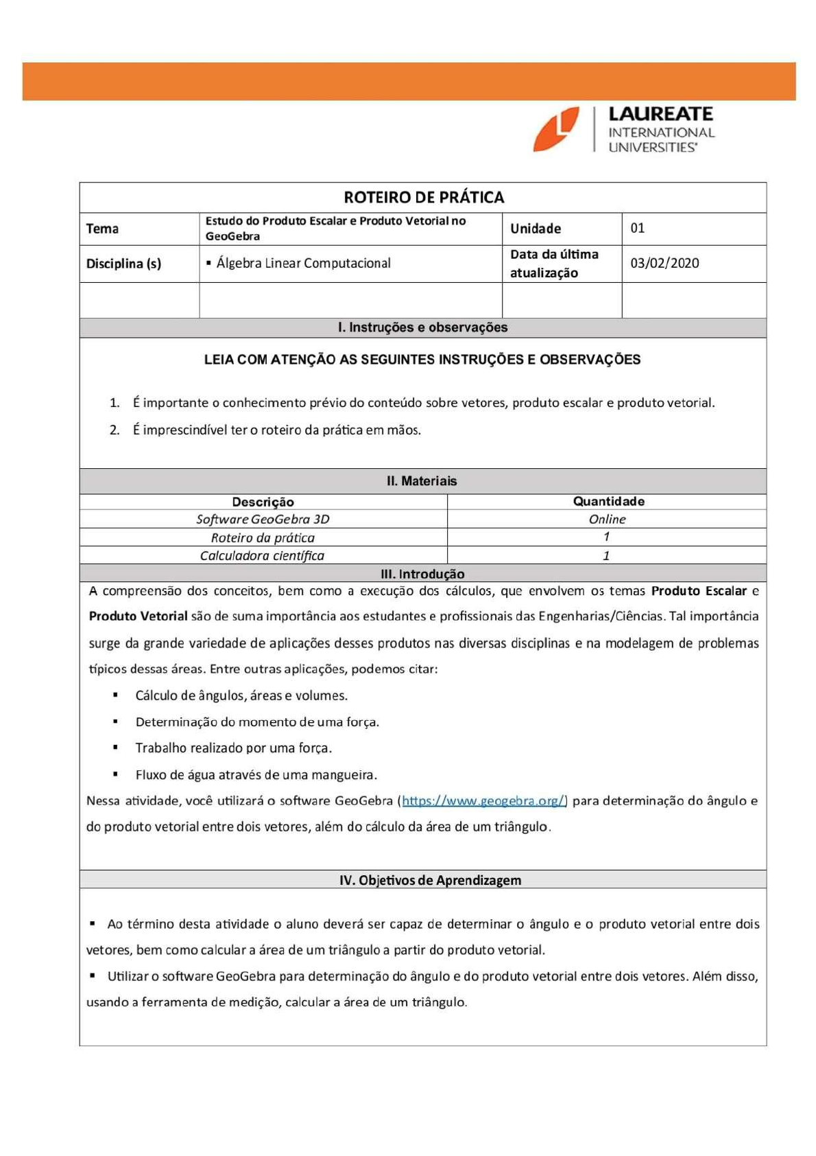 Algebra Linear Computacional - Atividade 3 - Geometria Analítica e Álgebra Linear