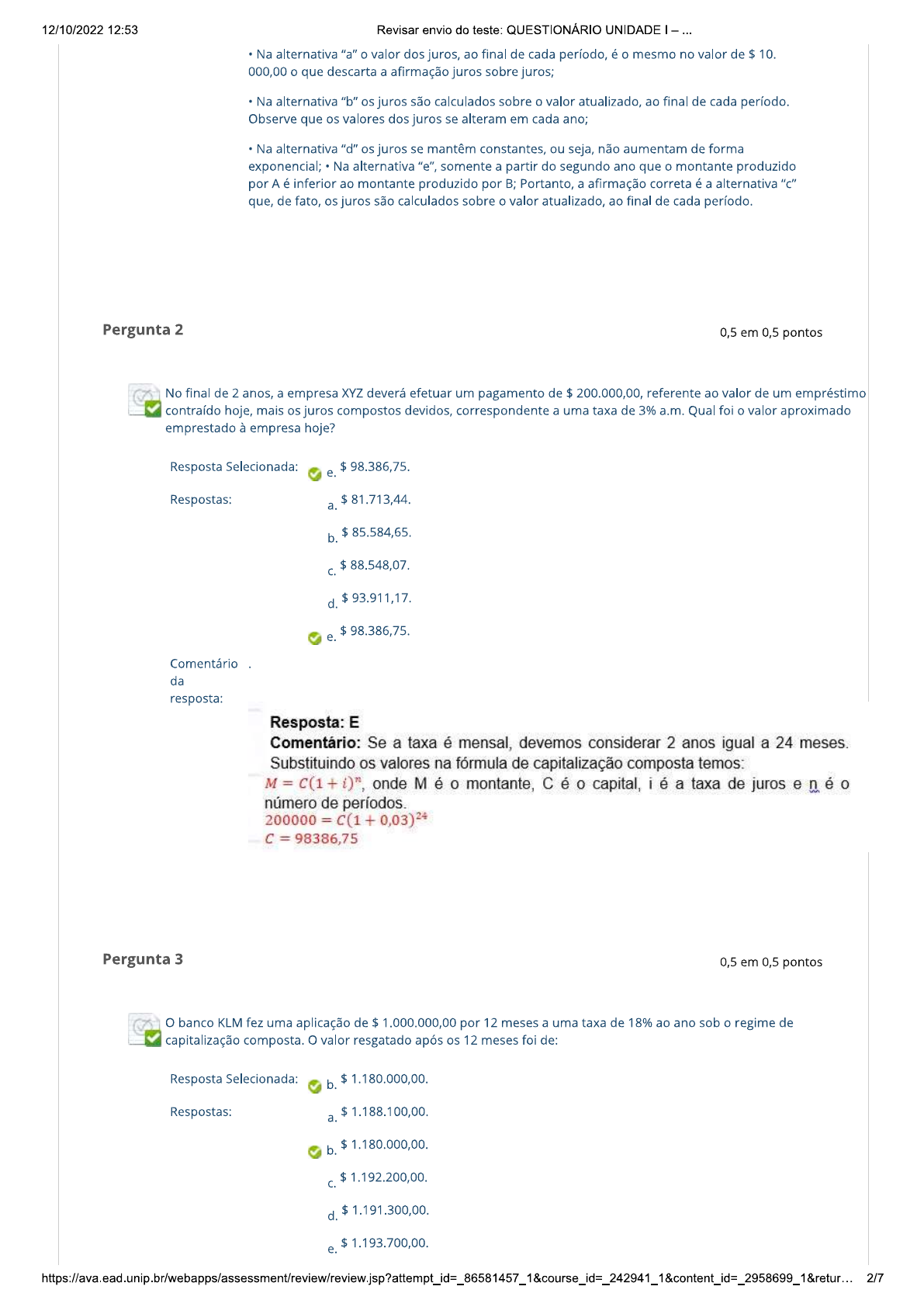Matematica Financeira - Questionario Unidade I - Matemática Financeira Matematica Financeira - Questionario Unidade I - Matemática Financeira