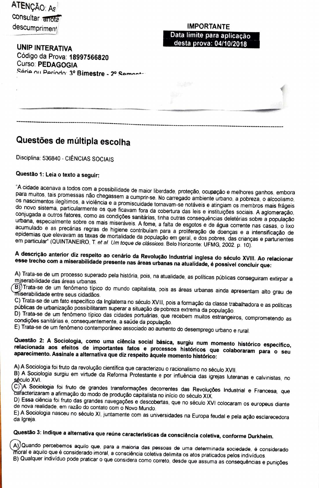 Prova Unip - Ciências Sociais