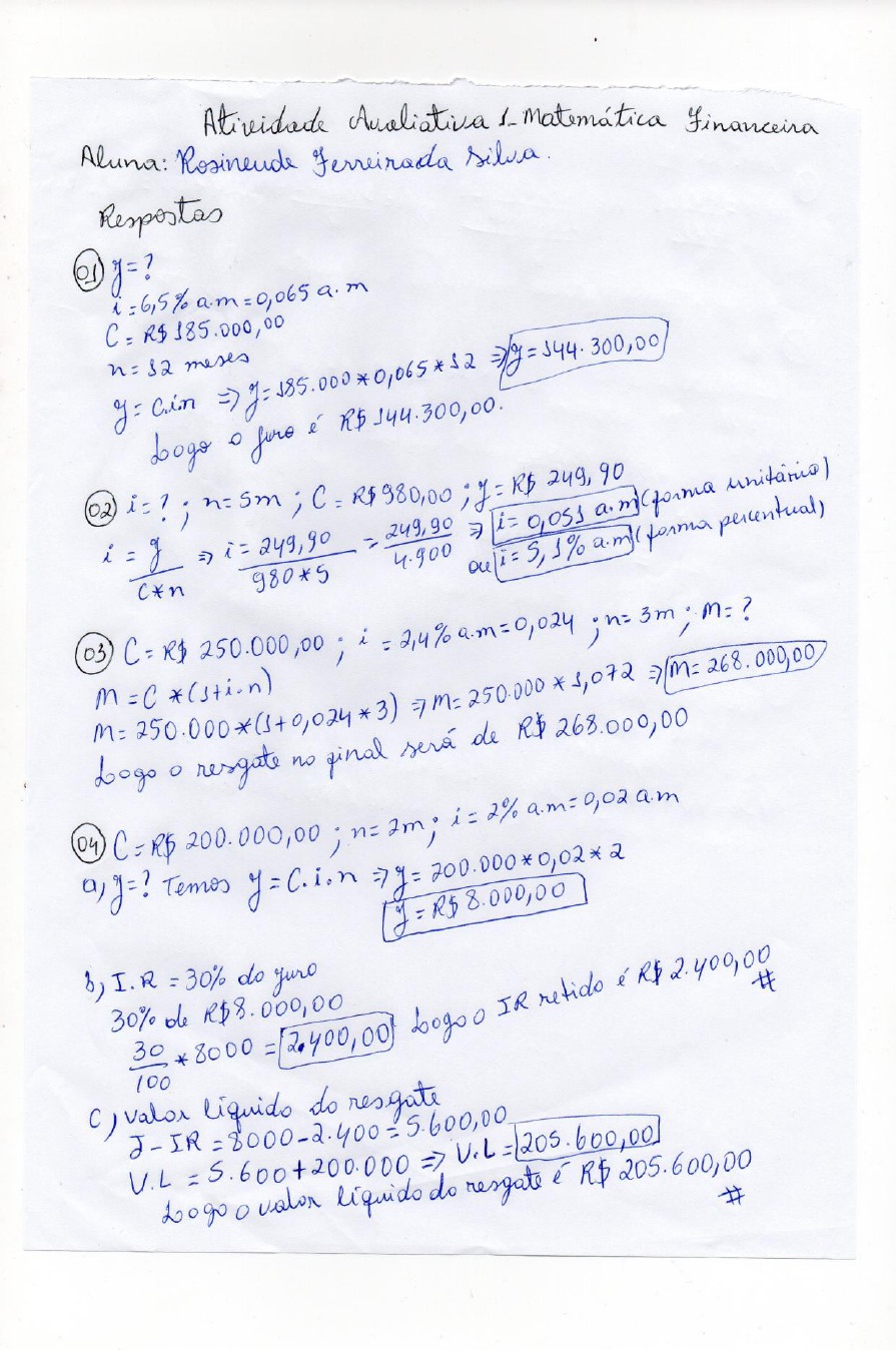 ATIVIDADE AVALIATIVA 1 RESPOSTA - Matemática Financeira