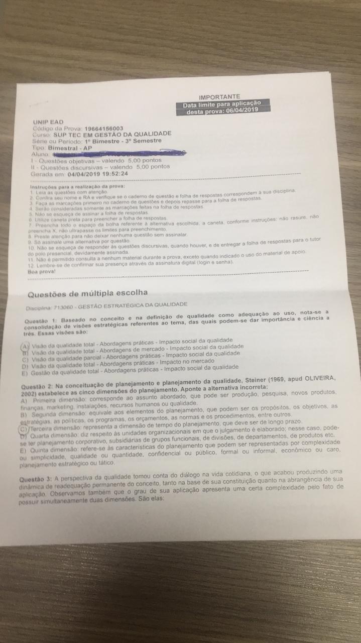 prova unip 2019 - Gestao Estrategica da Qualidade