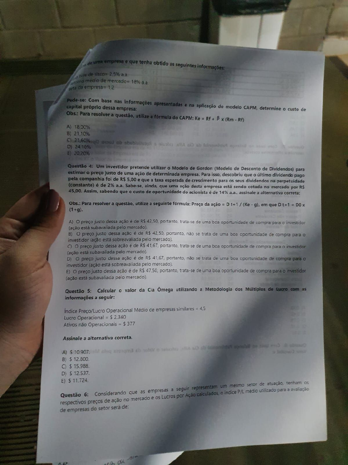 PROVA UNIP AVALIAÇÃO DE EMPRESAS - Avaliação de Empresas