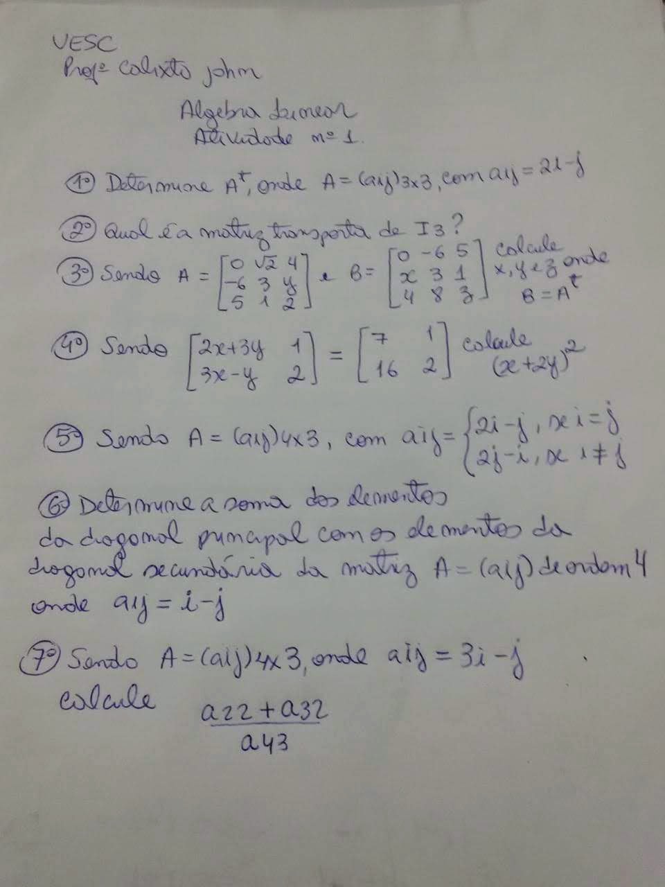 Matrizes Atividade 1 Álgebra Linear I