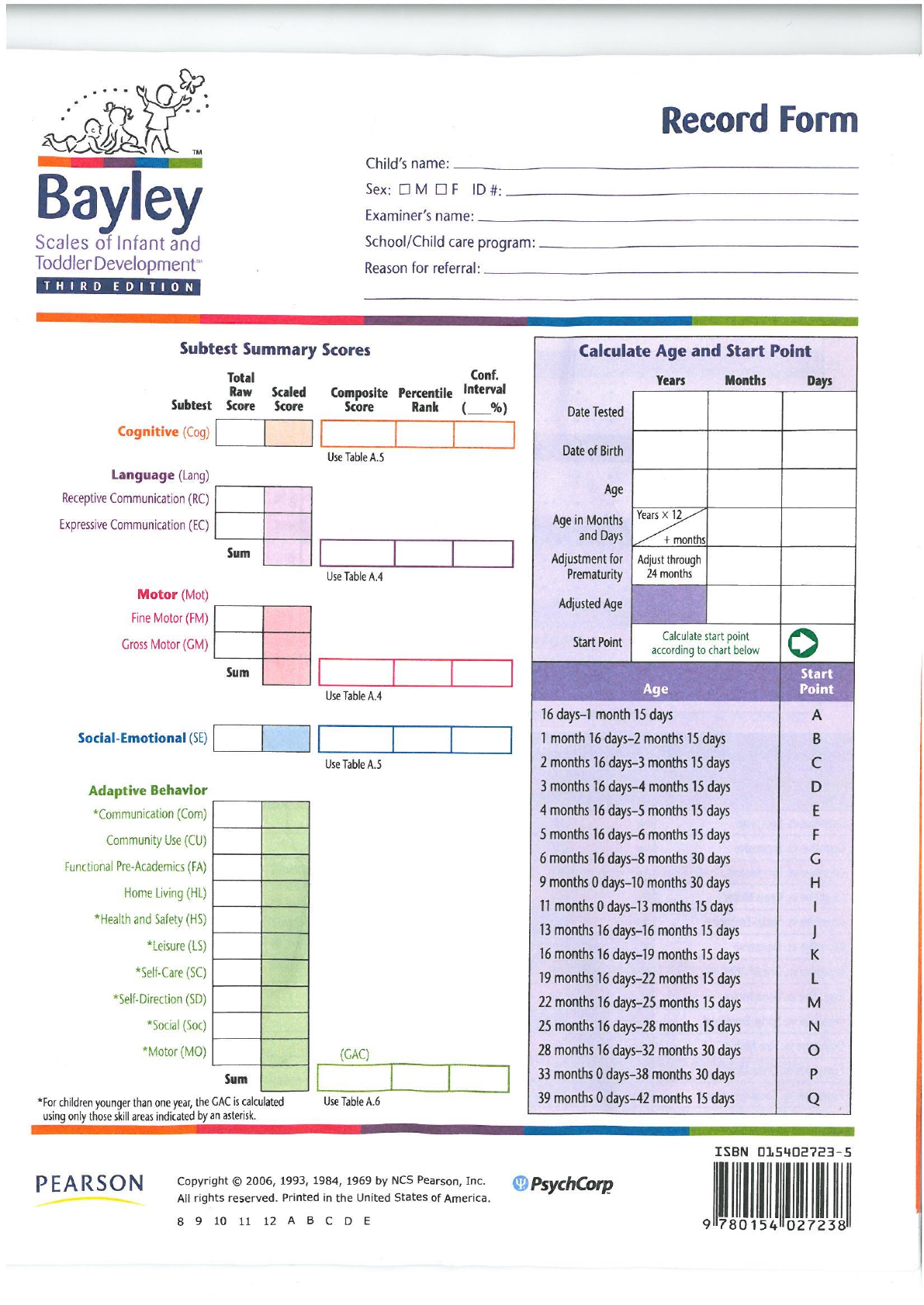 Folha de Rosto Escalas Bayley III - Fonoaudiologia