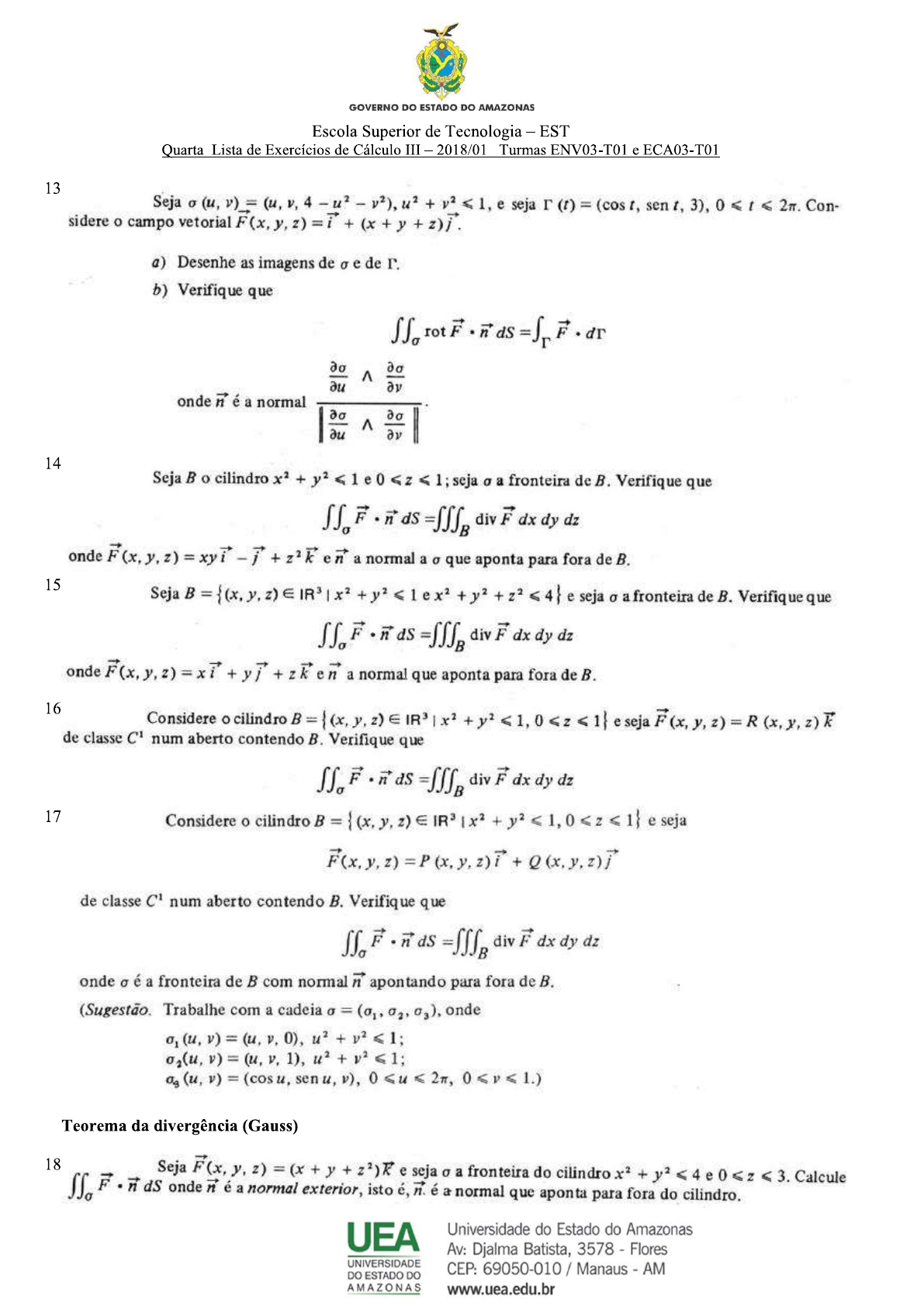 Quarta lista Cálculo 3 UEA - Cálculo III