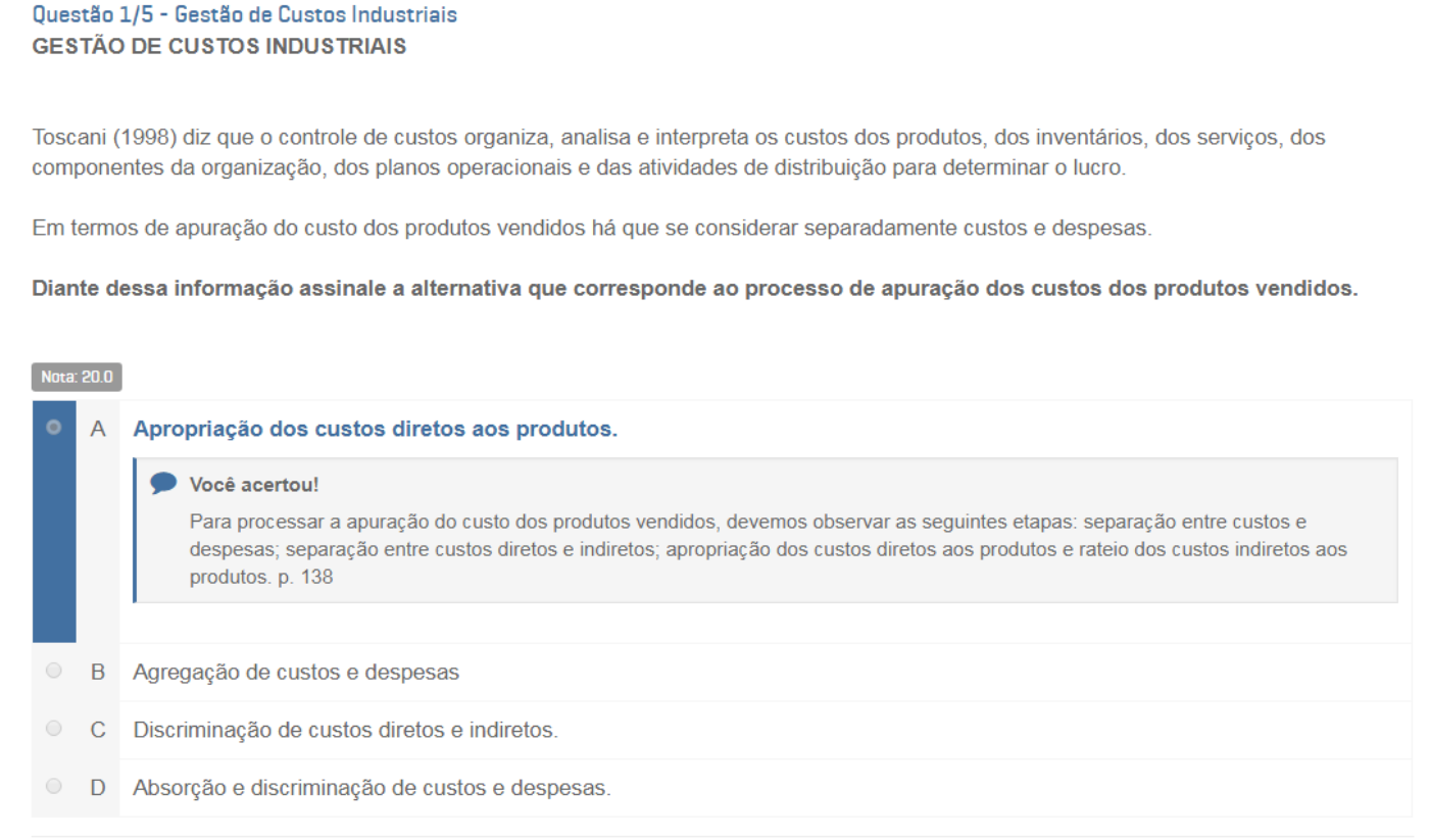 Apol 2 Gestão de Custos Industriais - Gestão de Custos Industriais Apol 2 Gestão de Custos Industriais - Gestão de Custos Industriais