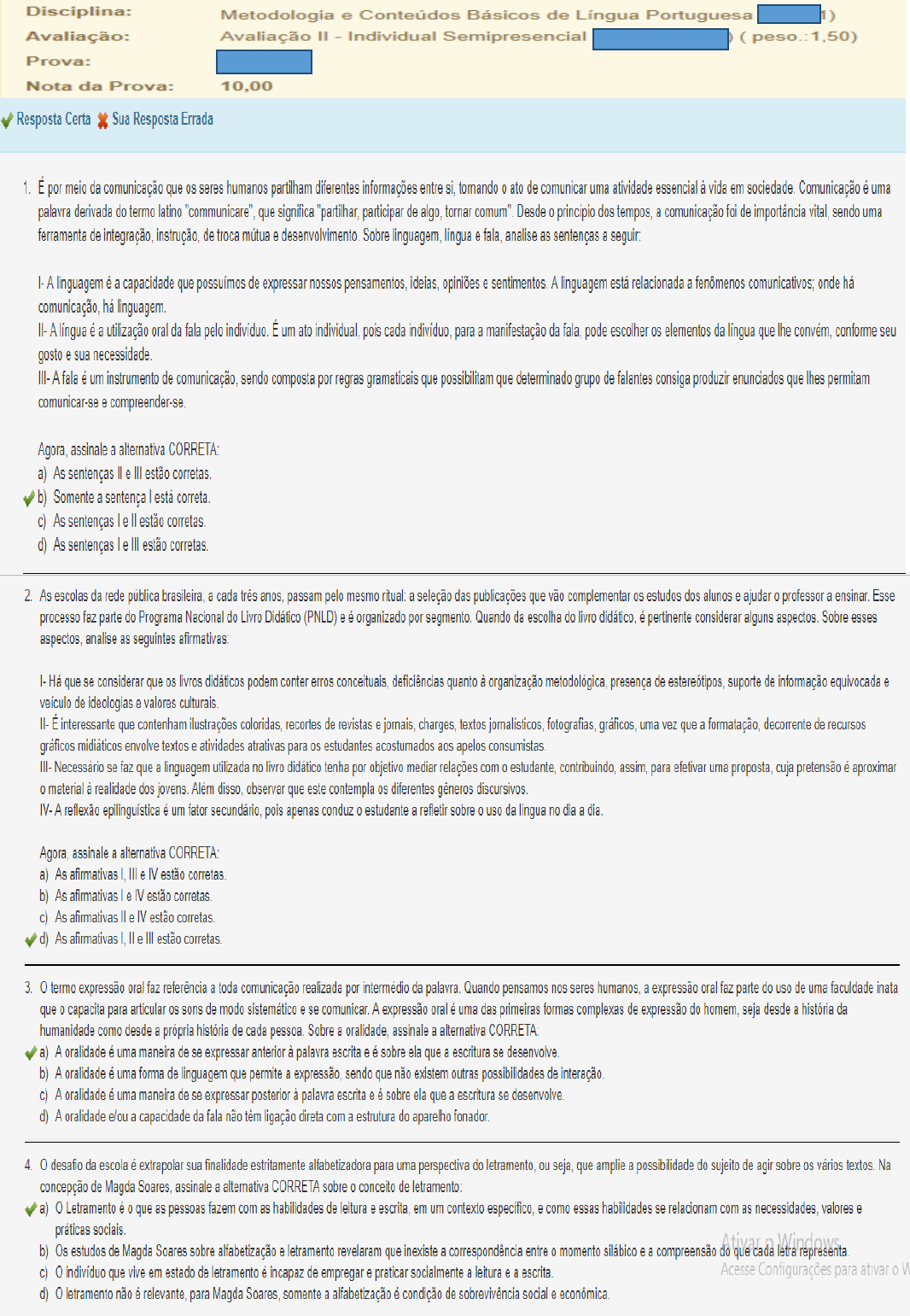 prova de portugues avaliaçao II - Provas
