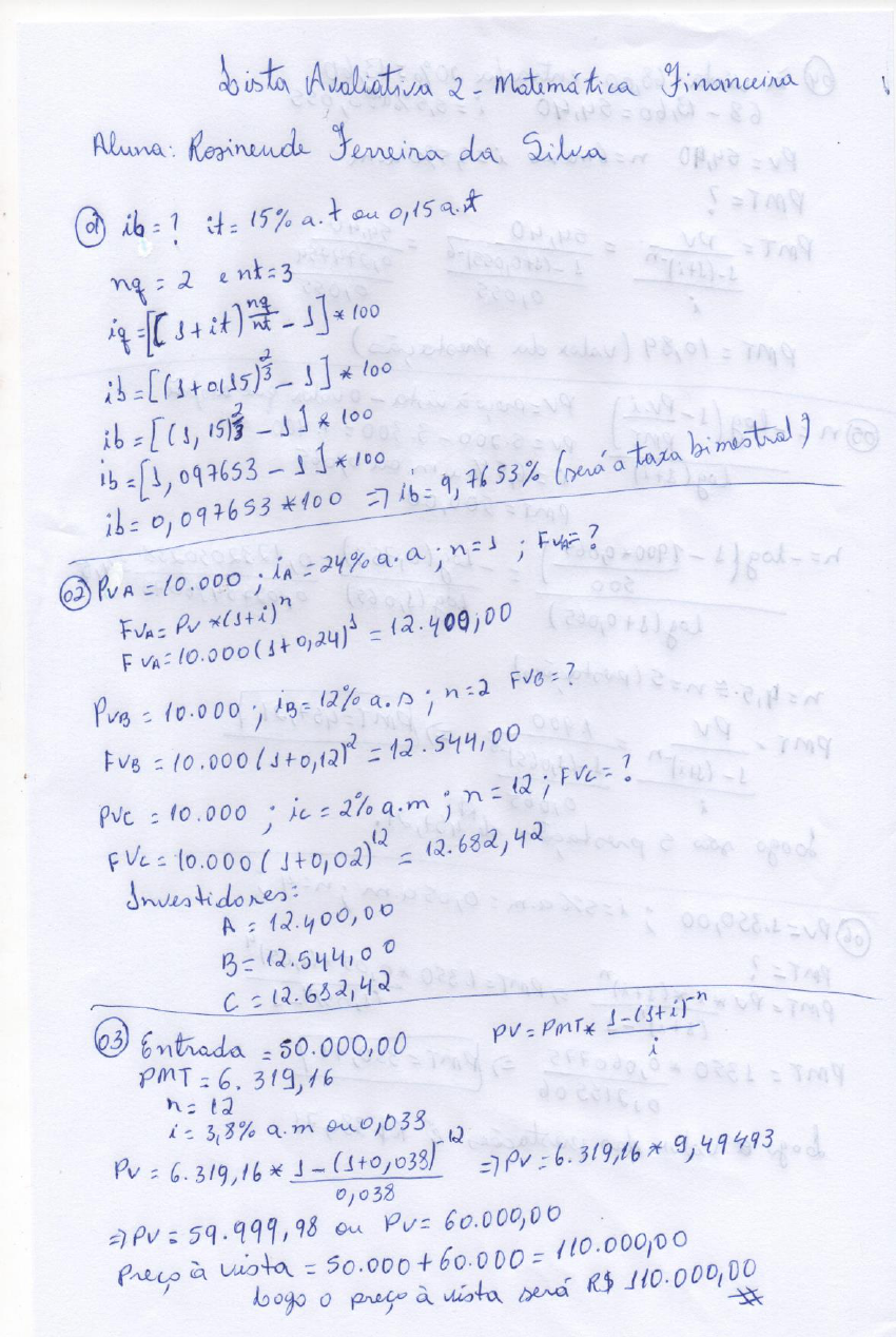 ATIVIDADE AVALIATIVA 2 RESPOSTA - Matemática Financeira