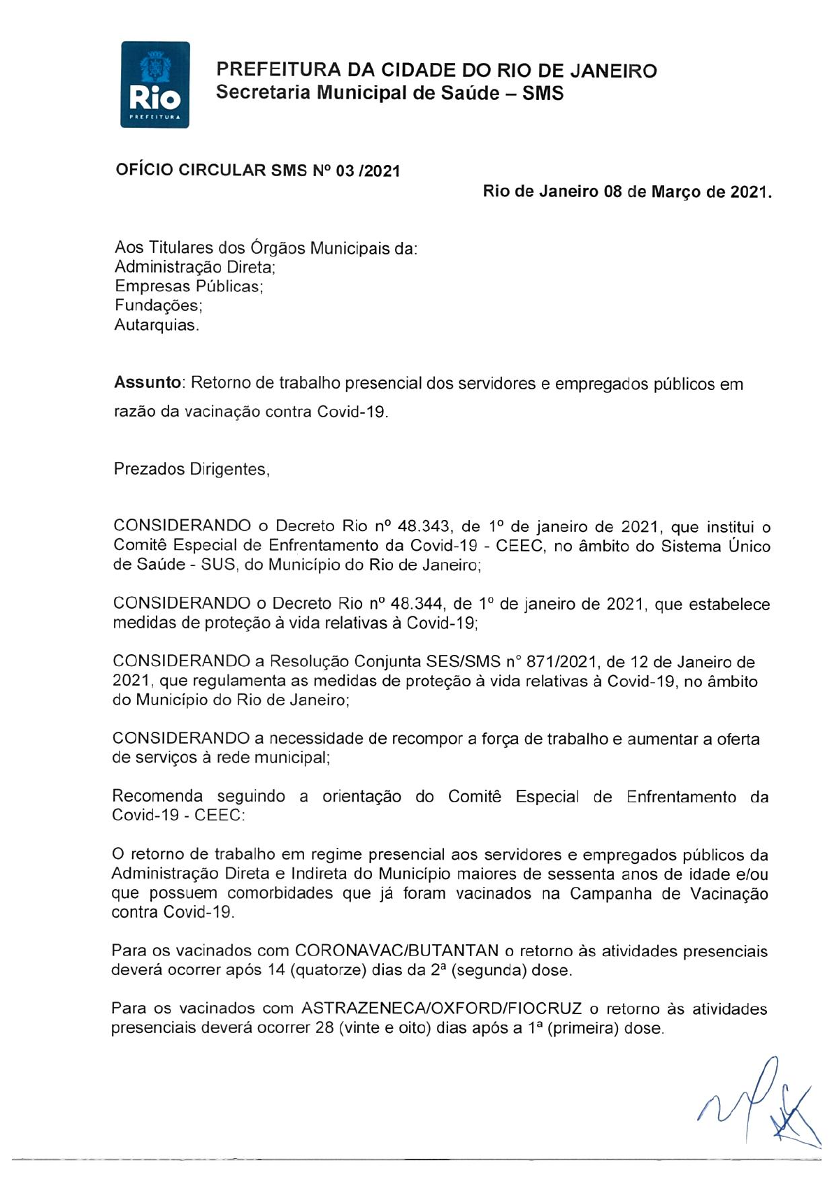Oficio CIRCULAR SMS 03 2021 Retorno de trabalho Presencial - Direito Administrativo I