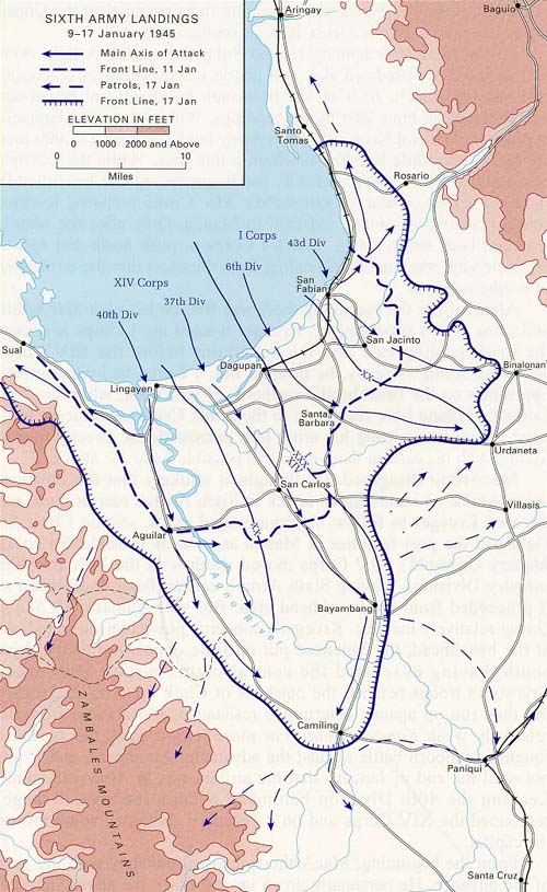 Luzon Sixth Army Landings, 9 17 January 1945 - Mapa