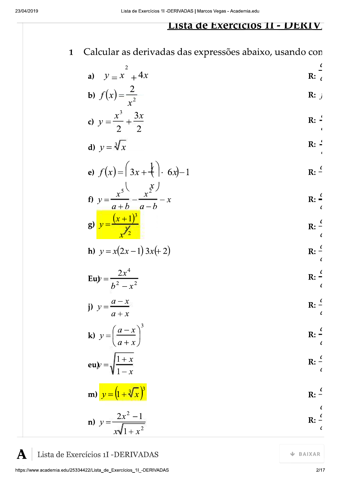 questões resolvidas de derivadas - Matemática