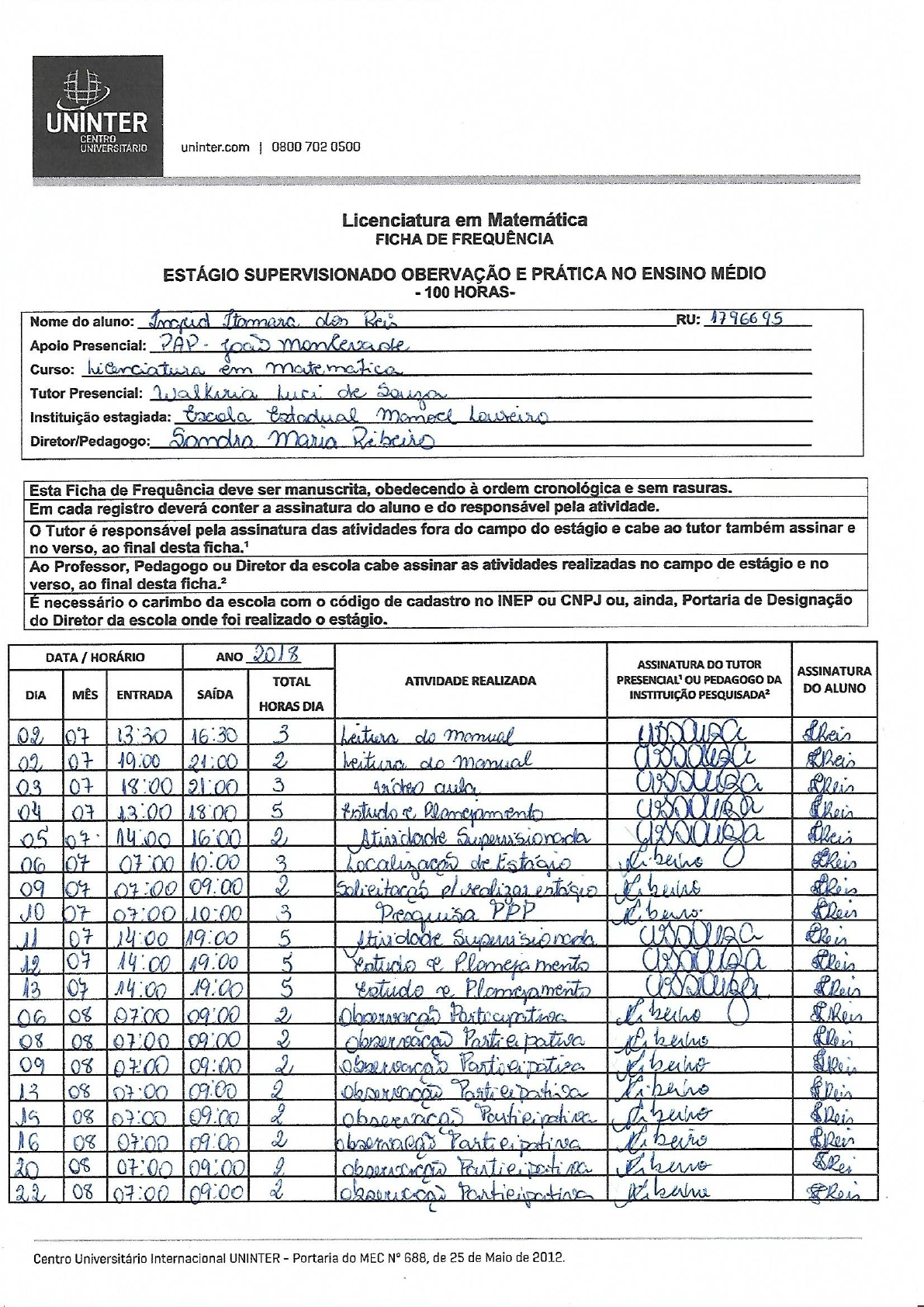 Ficha de Frequência e Avaliação de desempenho - Estágio Supervisionado ... Ficha de Frequência e Avaliação de desempenho - Estágio Supervisionado ...