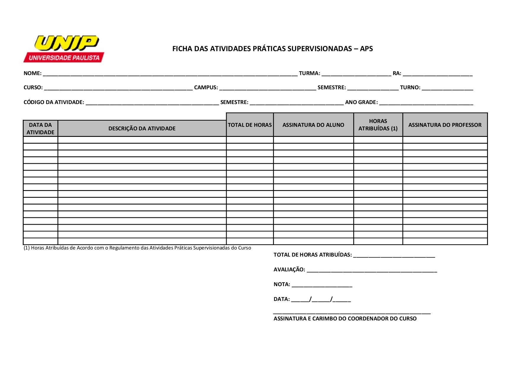Ficha de APS - Atividades Práticas Supervisionadas