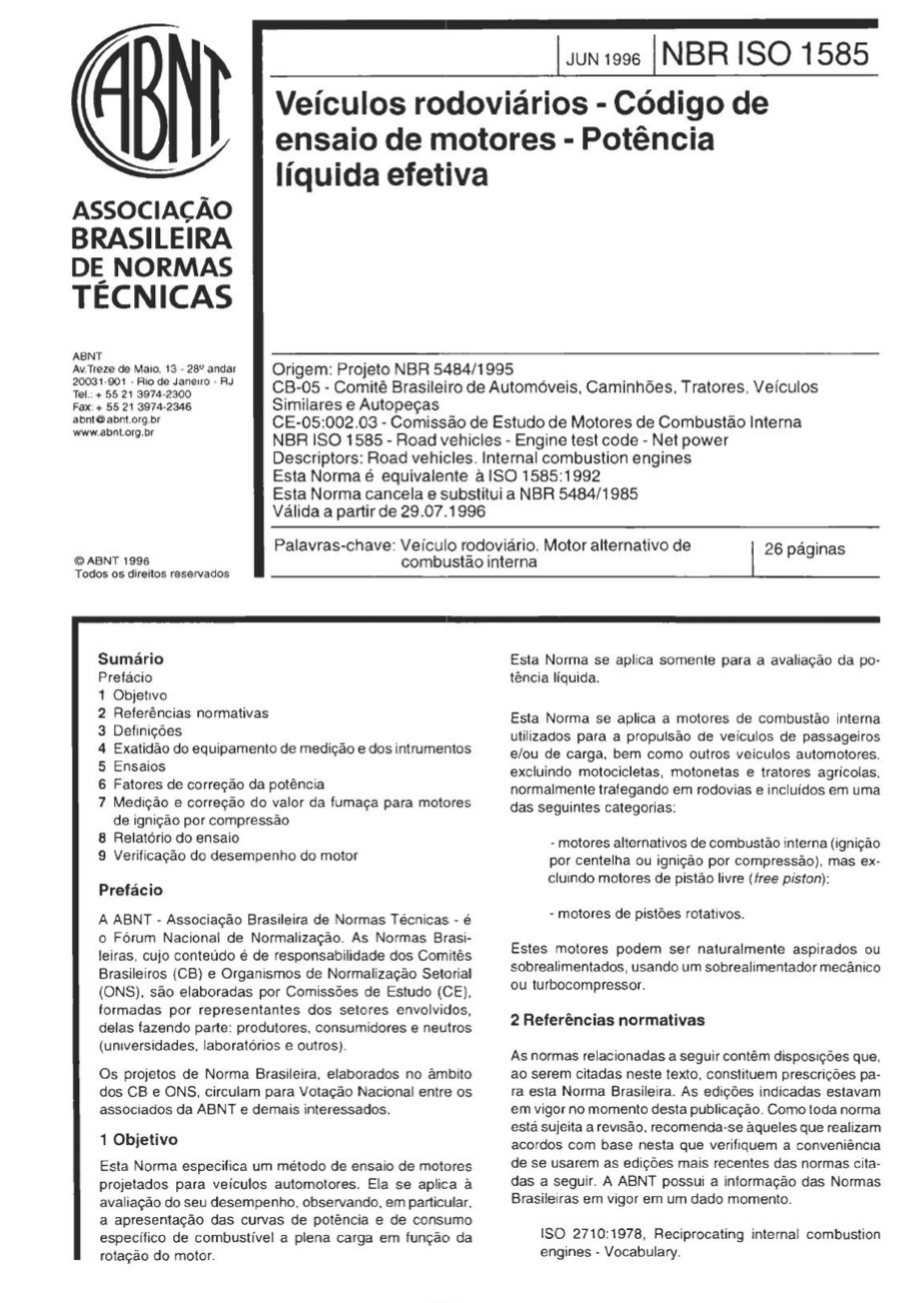 ISO 1585 -1996- VEICULOS RODOVIARIOS CODIGO DE ENSAIO DE MOTORES - Normas